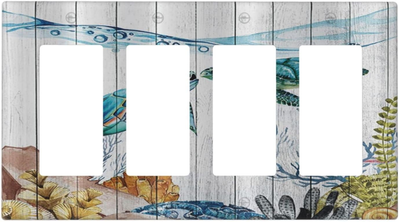 PRIYAL Turtle Ocean Coral Aquatic Plants Rustic Wooden Plank Quad ...