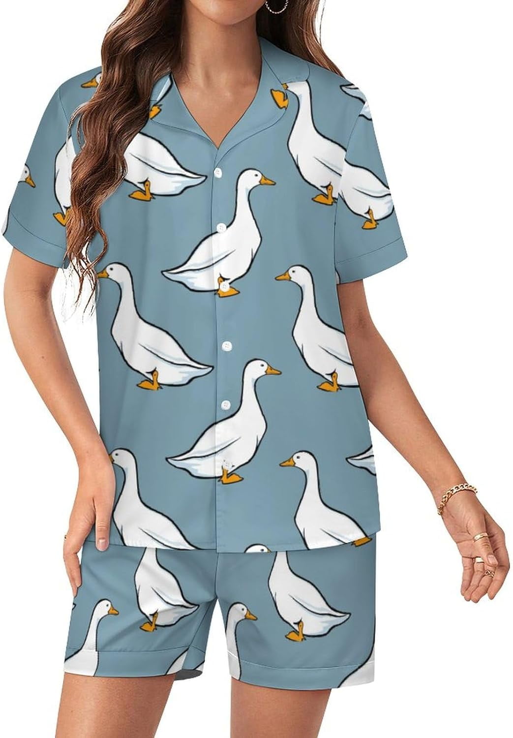 PRIYAL White Geese Cute Pattern Womens Pajamas Shorts Set Two-piece Pj ...