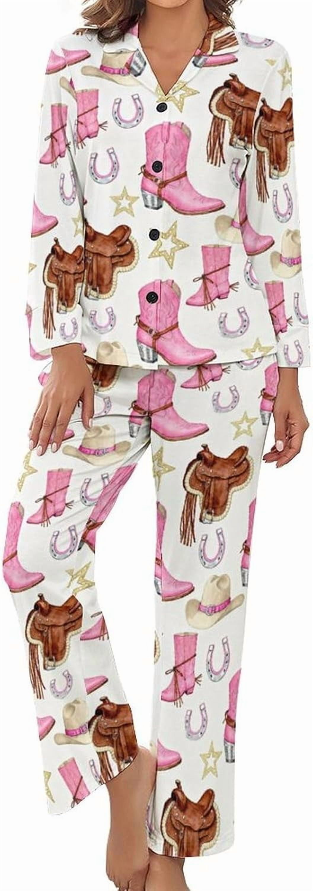 PRIYAL Women Long Sleeve Pajama Set Comfy Pjs Sets Boots Cowboy Hat 2 ...