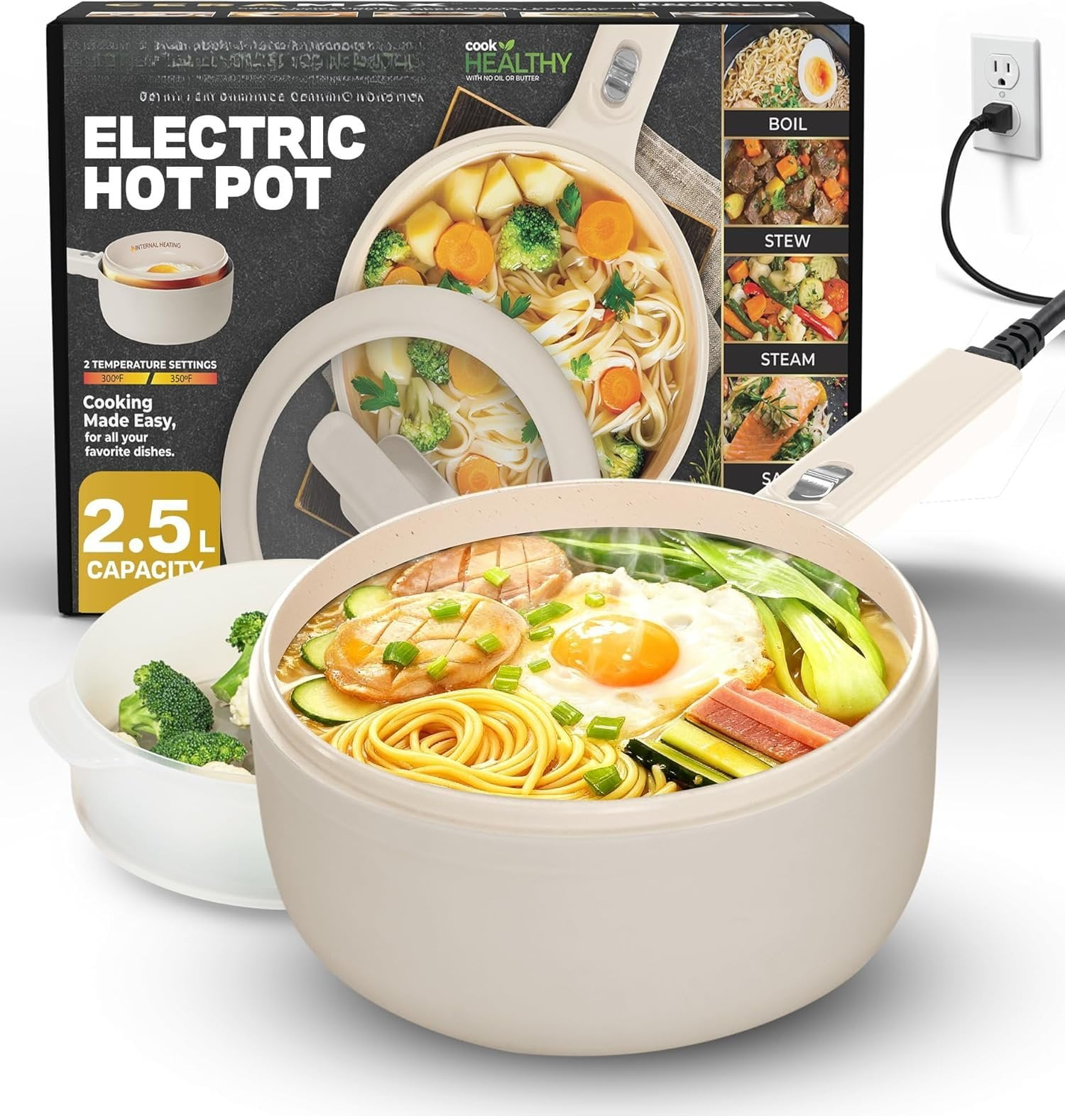 PRO 2.5L Electric Hot Pot with Lid & Steamer, Non Ceramic Cooker ...