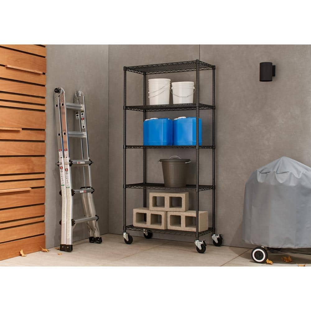PRO Black 5-Tier Rolling Steel Wire Garage Storage Shelving Unit (36 in ...