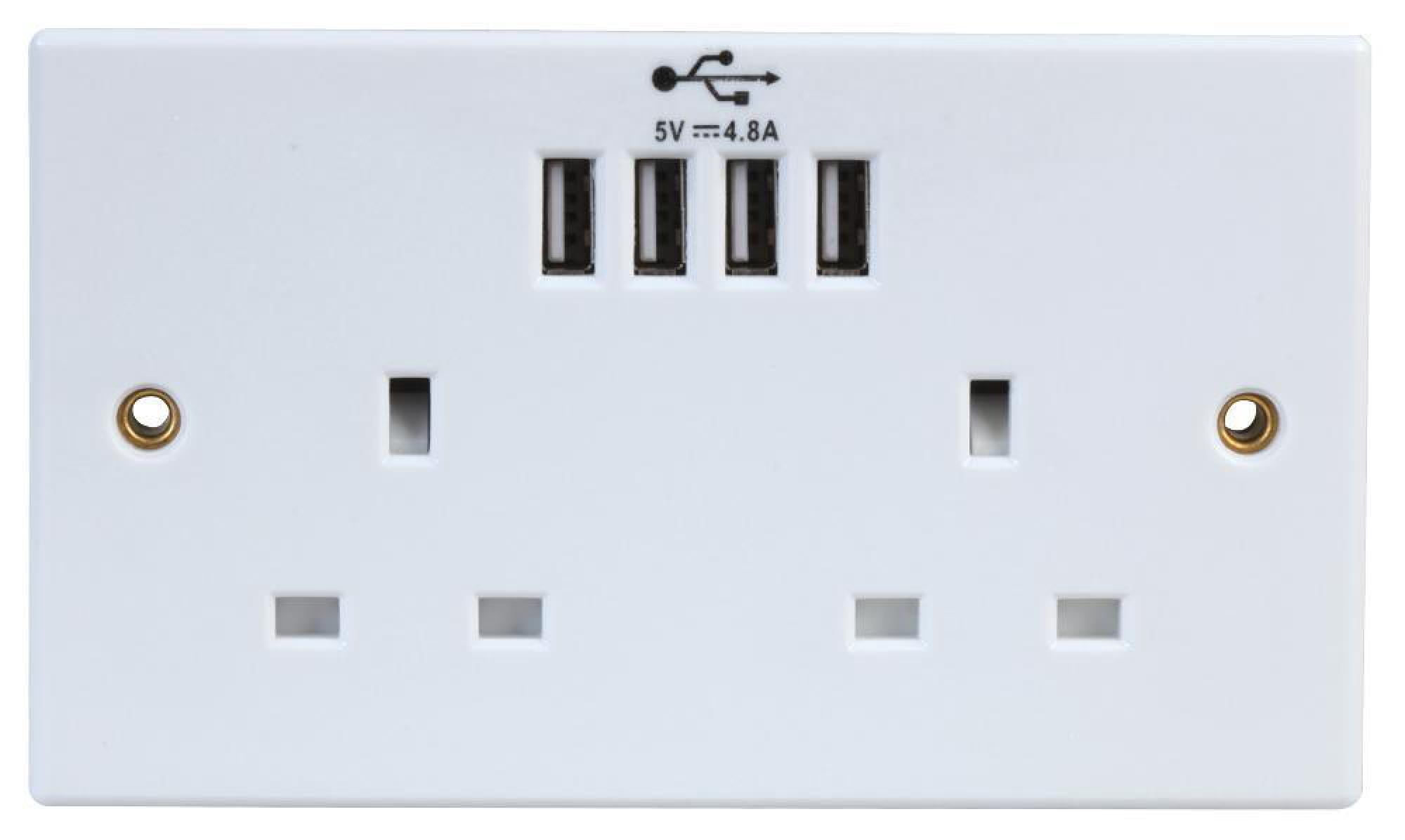 PRO ELEC - 13A 2-Gang Unswitched Socket with 4x 2.4A USB Sockets ...
