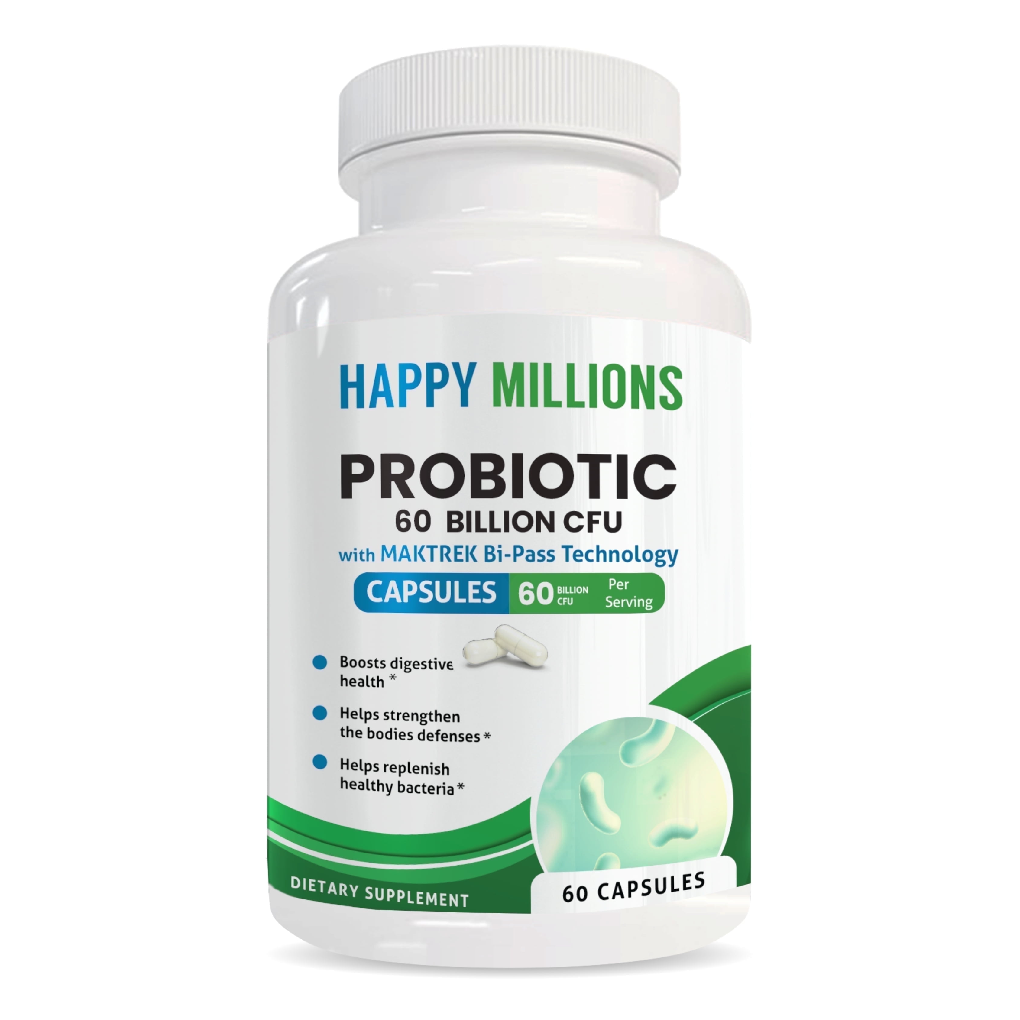 Happy Millions Probiotic 60 Billion CFU with Prebiotic Blend Maktrek Bi ...