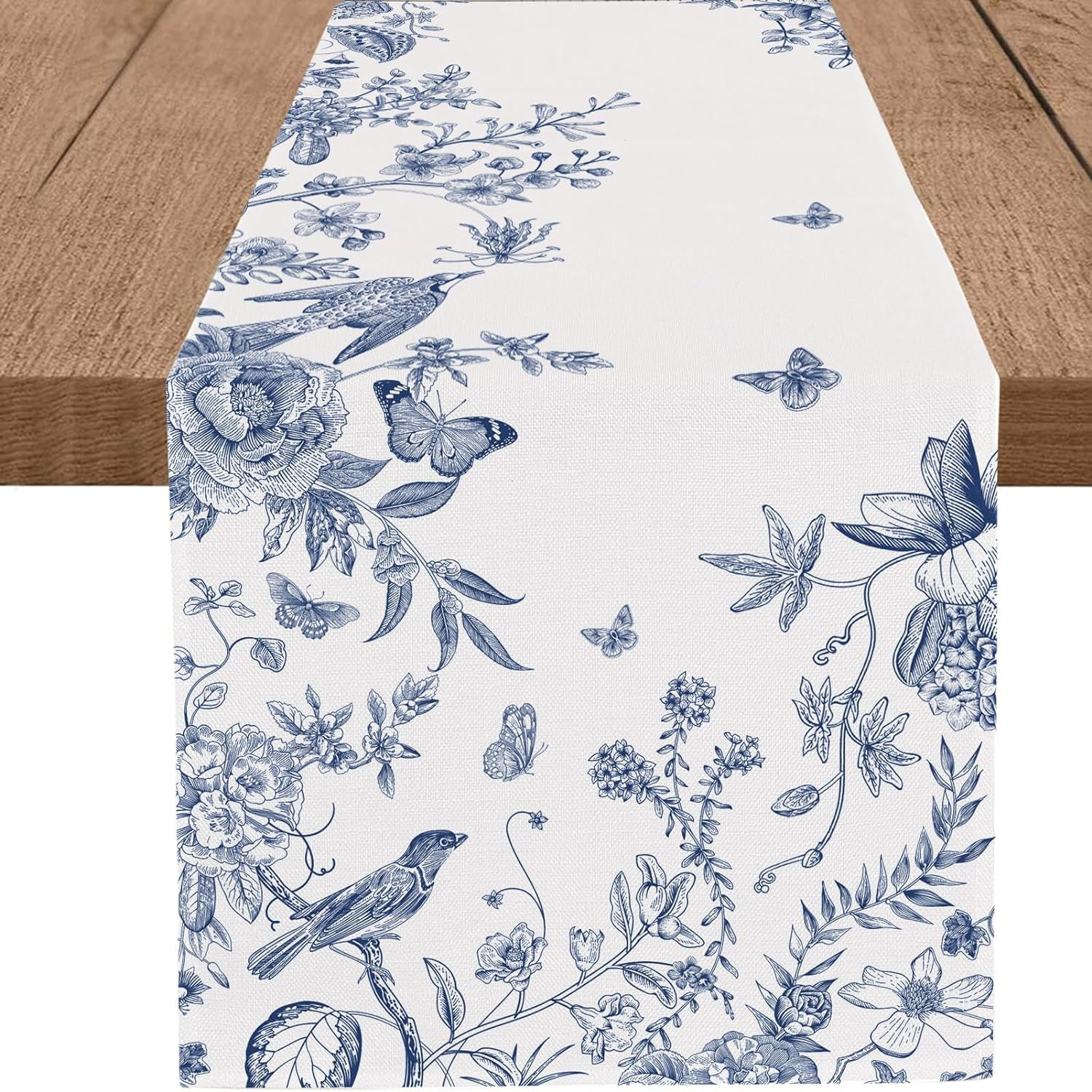 PROCIDA Navy Blue Floral Bird Table Runner Spring Summer Blue and White ...