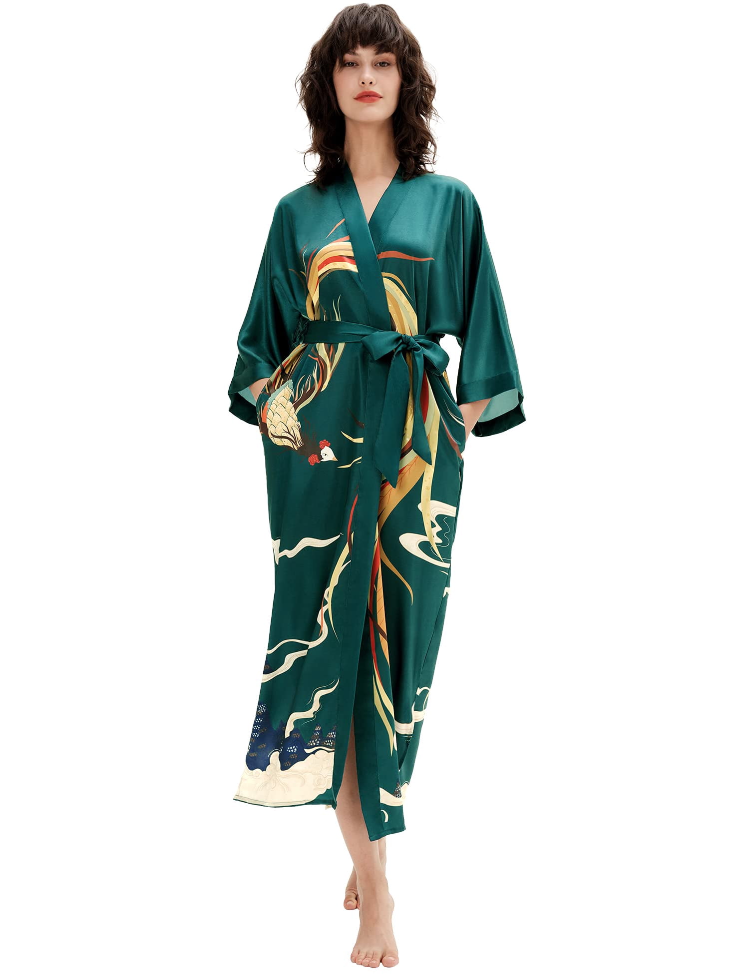 PRODESIGN Long Kimono Robe Satin Sleepwear Phoenix Handprinted Silky ...