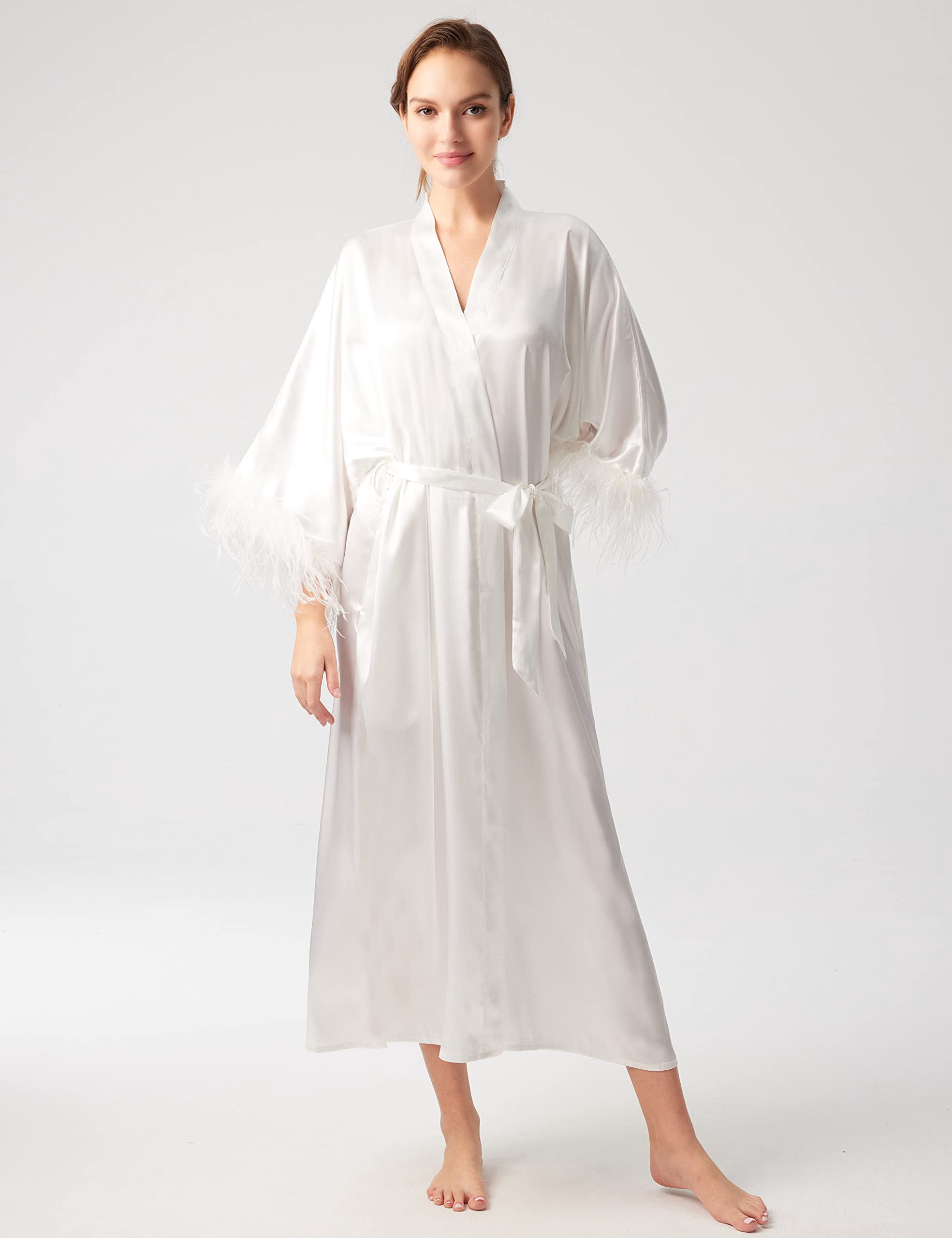 PRODESIGN Satin Kimono Robe Long Silky Bathrobe with Ostrich Feather ...