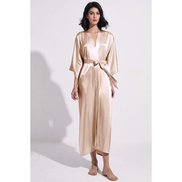 PRODESIGN Satin Kimono Robe Long Silky Bathrobe with Ostrich Feather ...