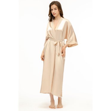 PRODESIGN Satin Kimono Robe Long Silky Bathrobe with Ostrich Feather ...