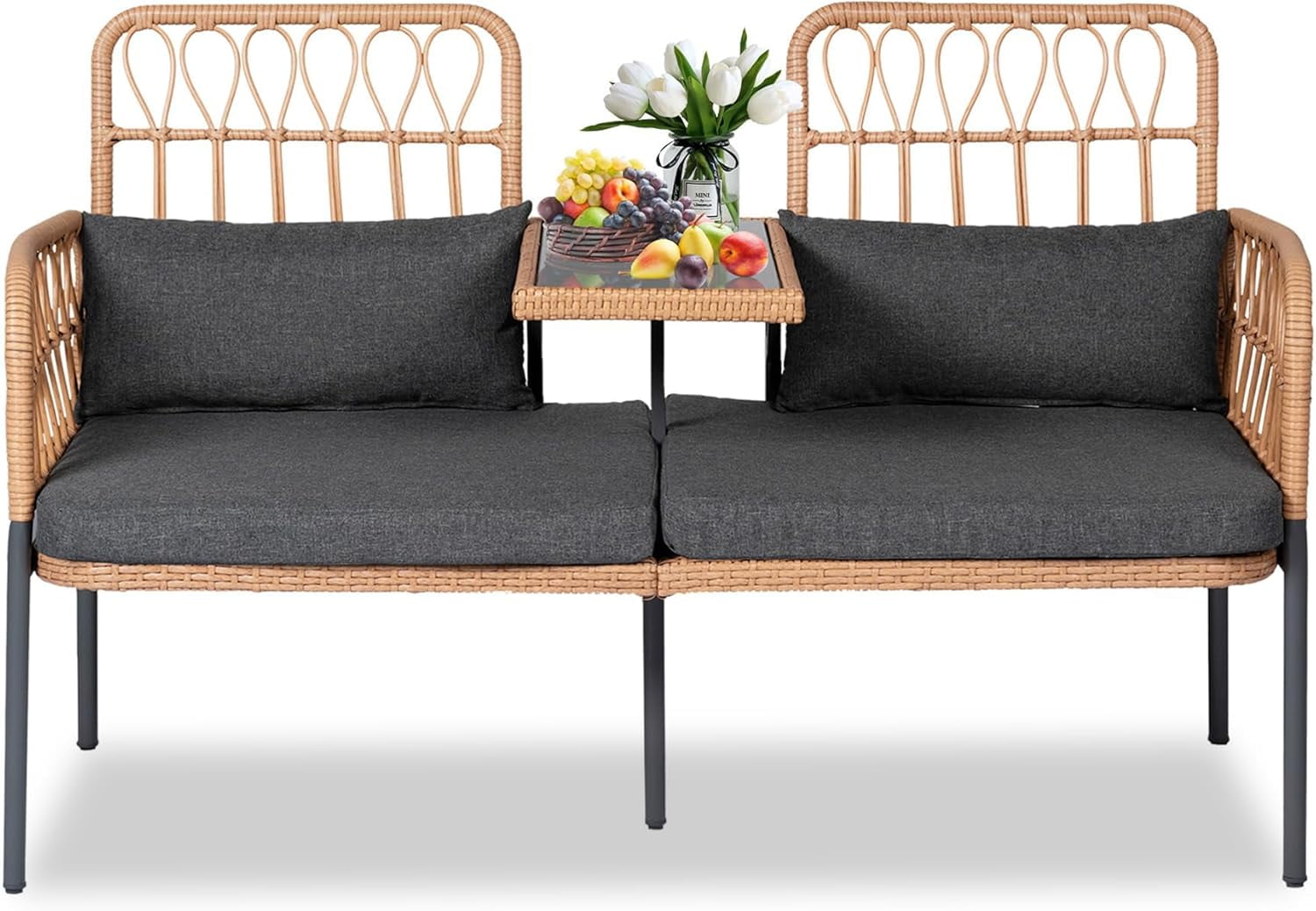 PROHIKER Patio Furniture Outdoor Rattan Loveseat 2-Seat with Built-in ...