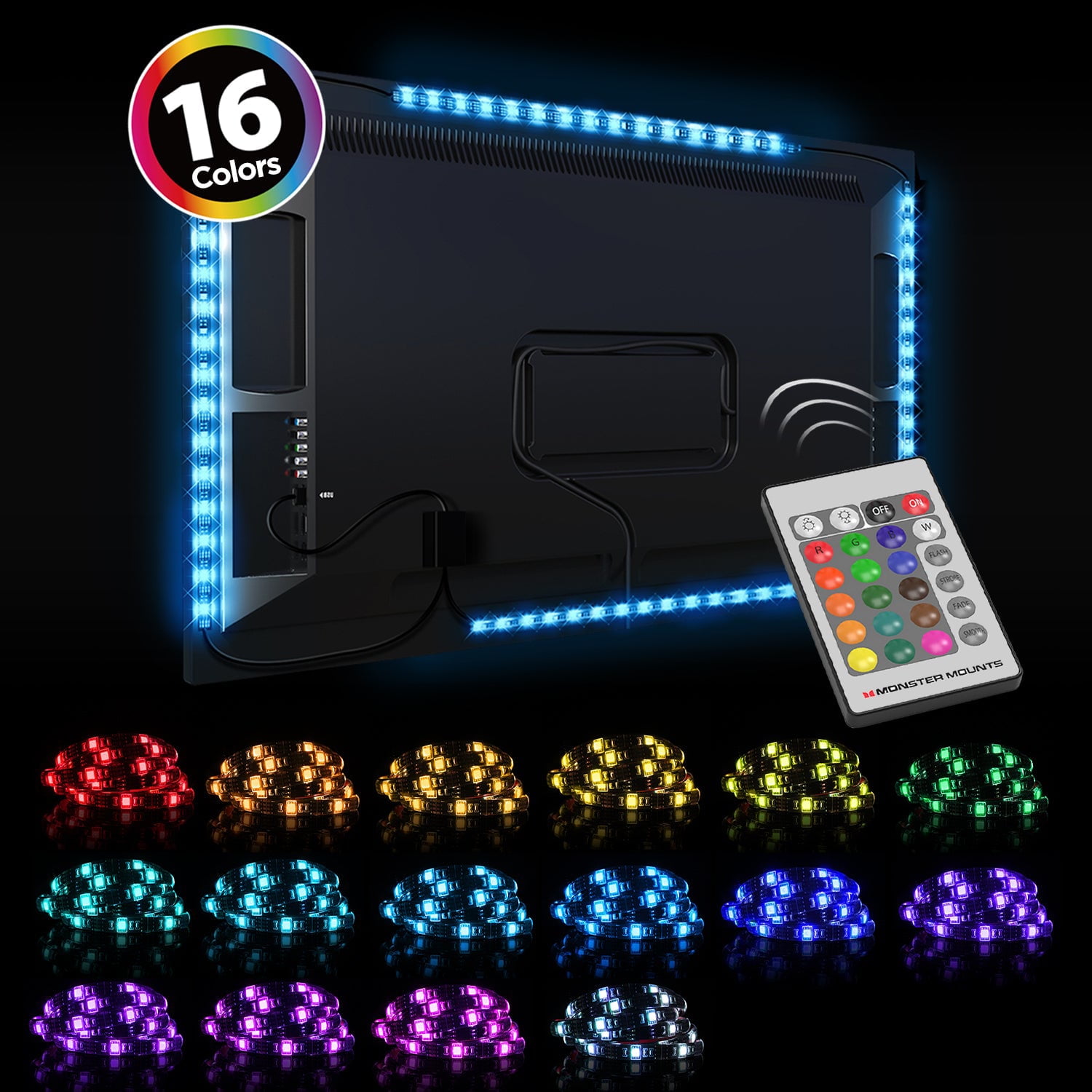 PROMOUNTS 80-inch LED Lights for TV, 16 RGB USB TV Light Strip with ...