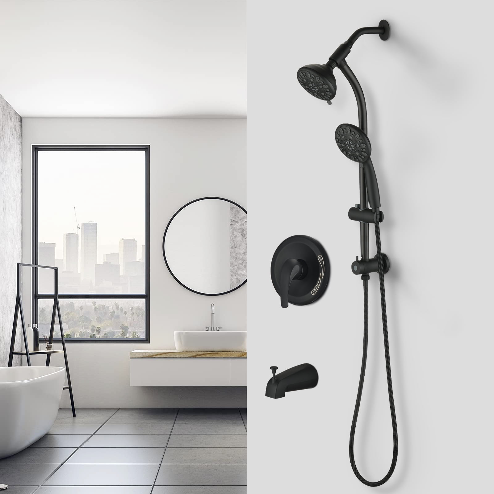PROOX 7-Function Dual Head Shower Faucet, Drill-Free Slide Bar, Bathtub ...