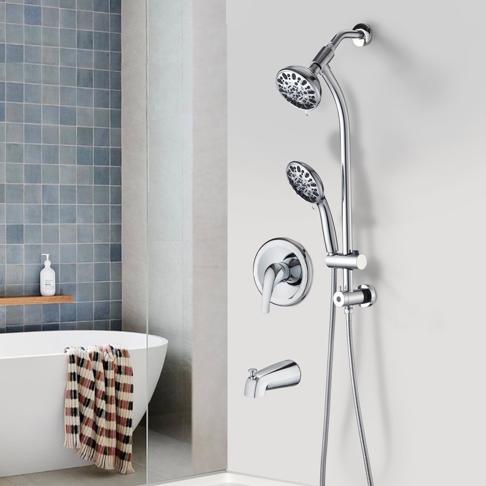 PROOX 7-Function Dual Head Shower Faucet Drill-Free slide bar combo ...