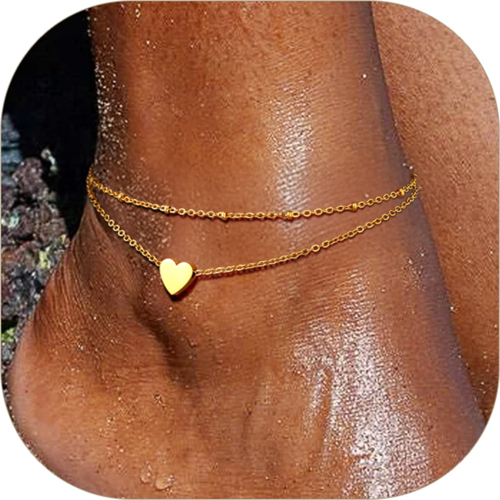 PROSTEE Heart Gold Plated Ankle Bracelets for Women Double Layered ...