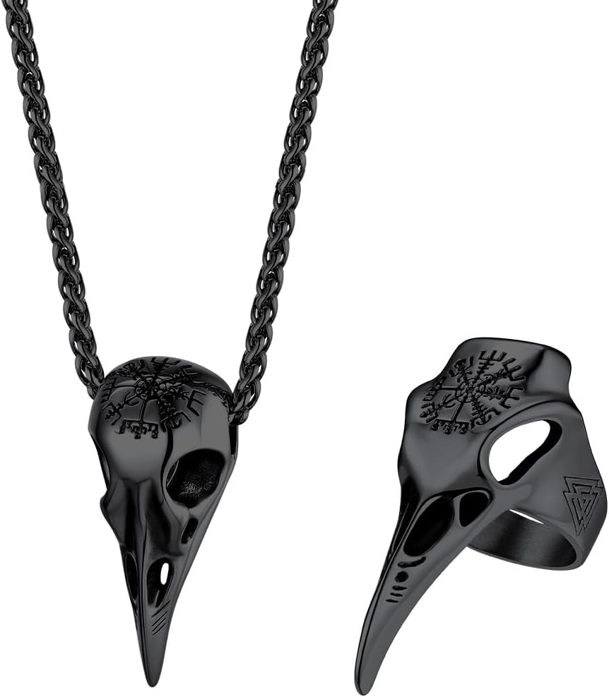 PROSTEEL Raven Crow Skull Ring Necklace Set, Cool and Masculie ...