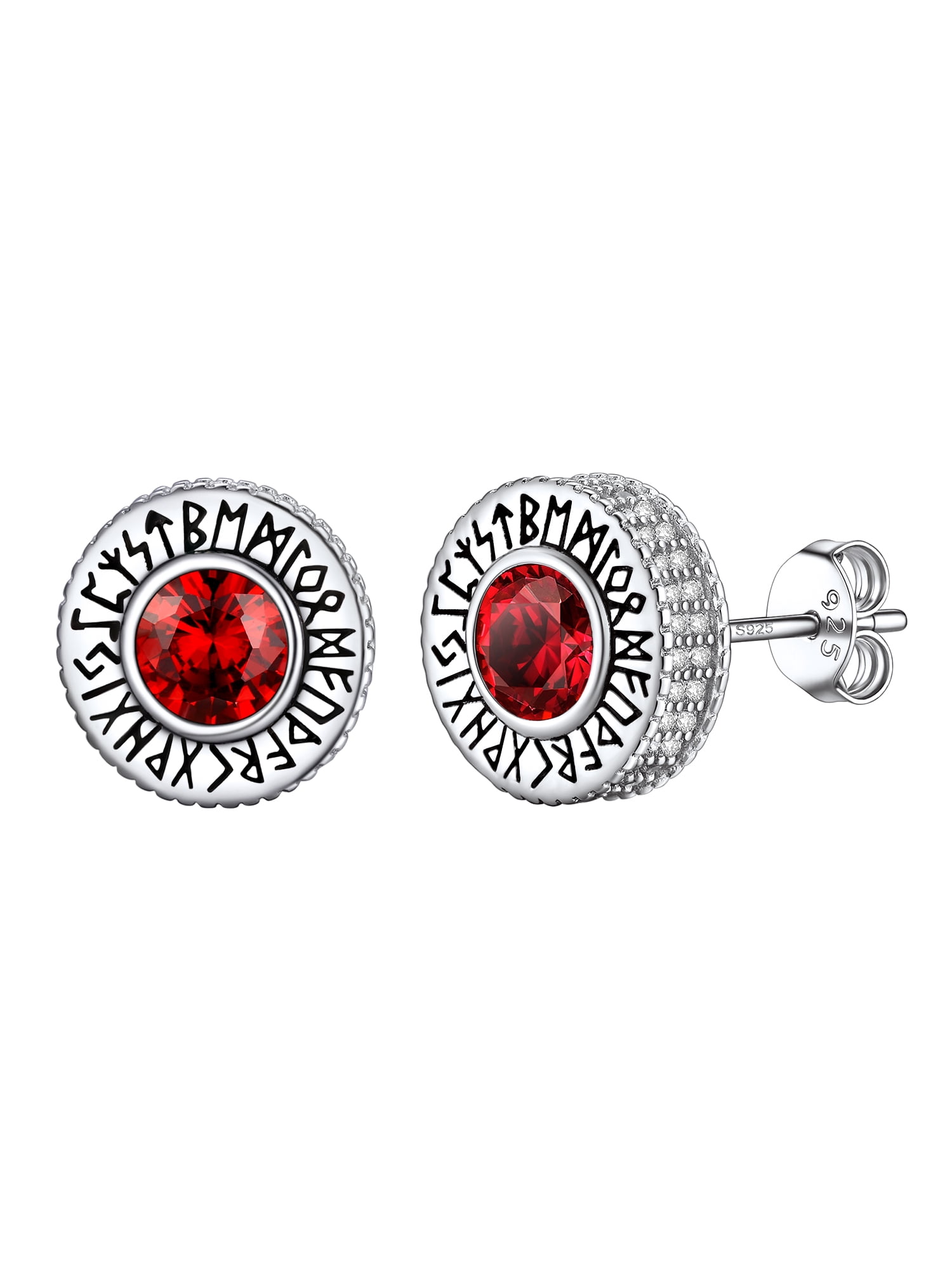 PROSTEEL Red Garnet Round Men Stud Earrings January Birthstone Cubic Zirconia Earring Sterling ...