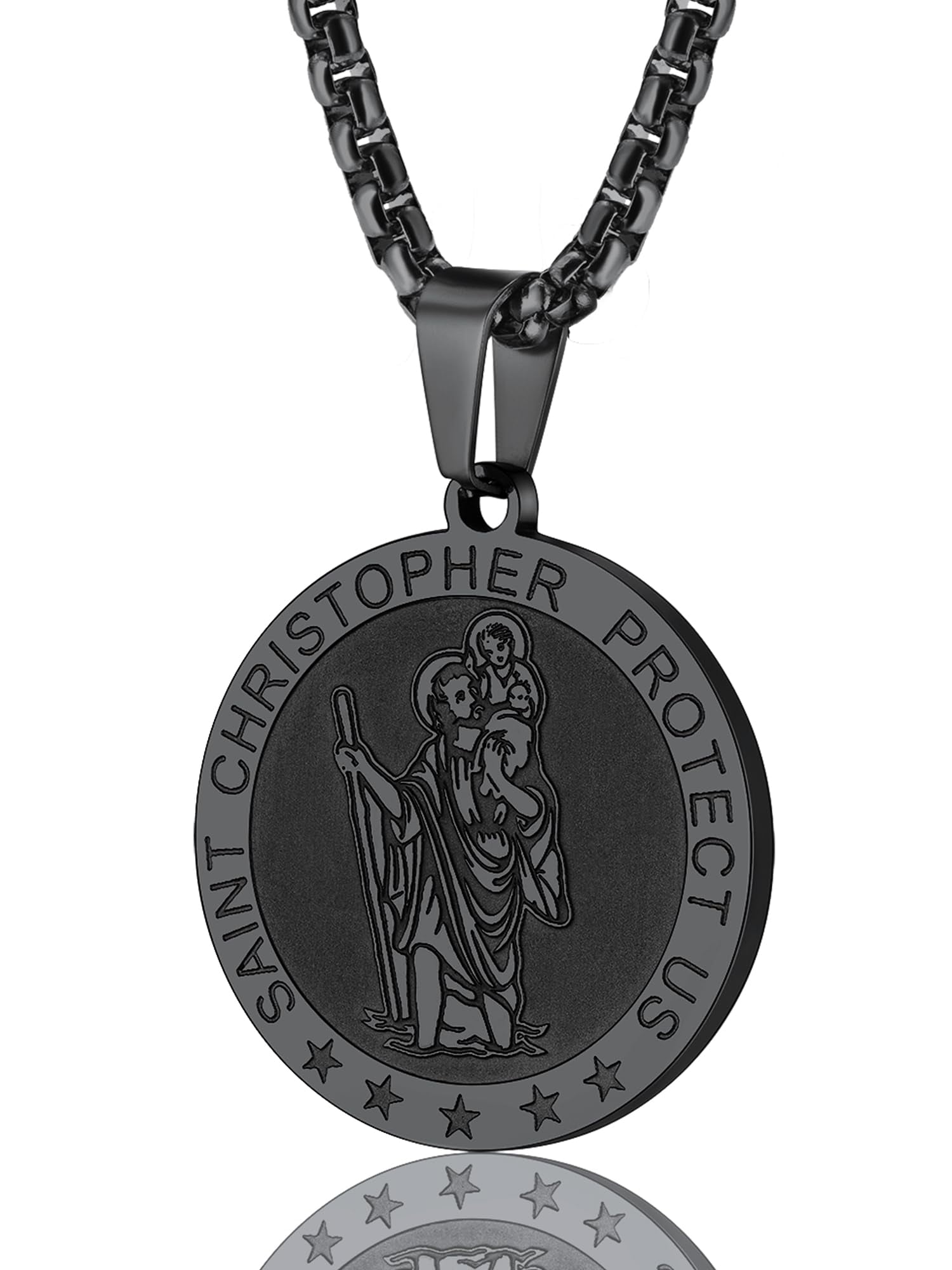 PROSTEEL Round Saint Christopher Necklace Black Pendant Chain for Men ...