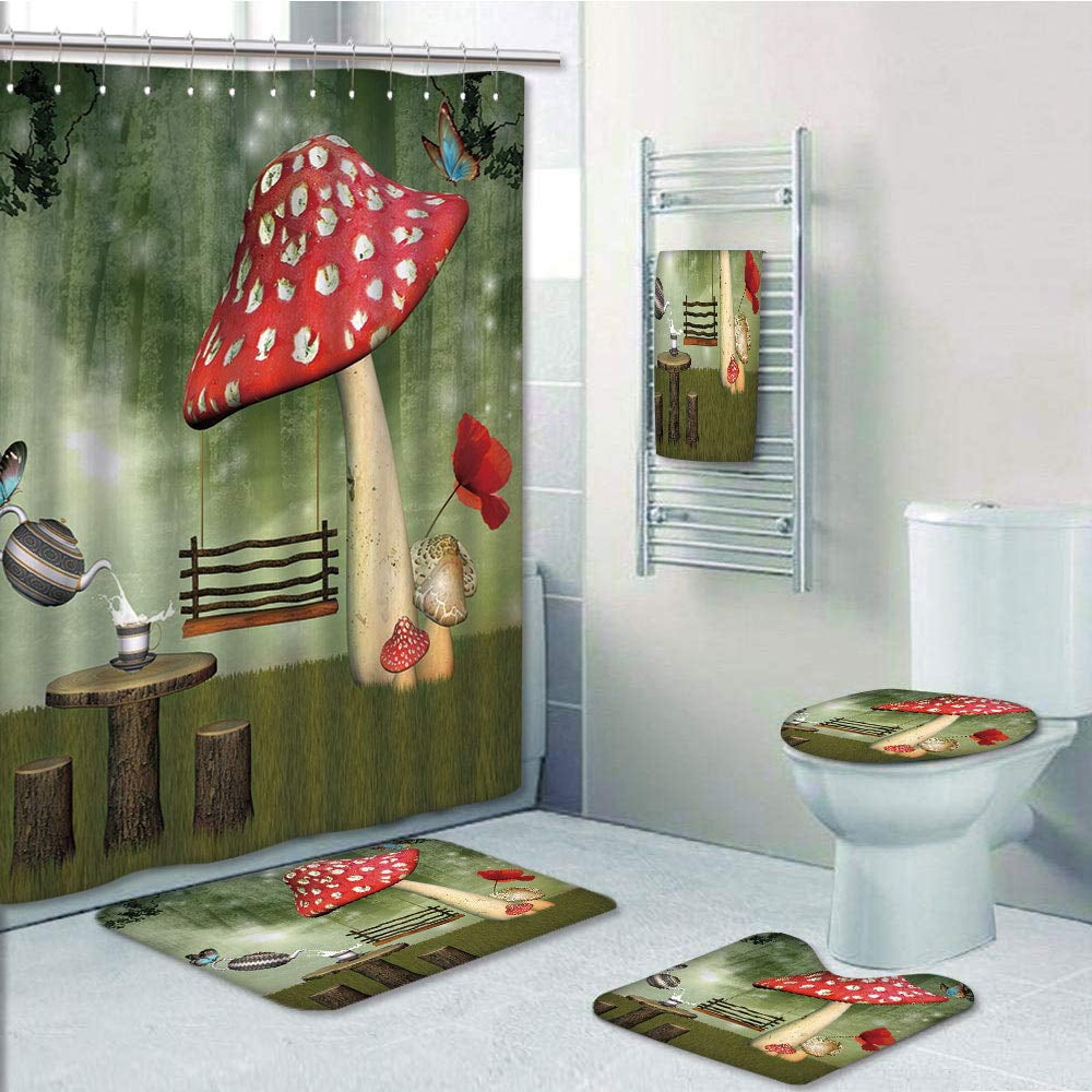 PRTAU Mushroom Picnic in Fantasy Garden Wood Table Poppy Flower Swing ...