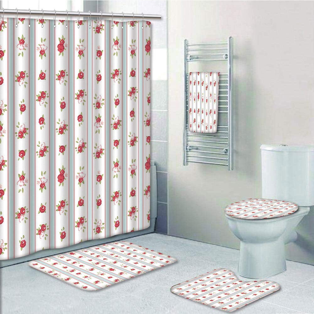 PRTAU Vertical Borders Cute Rose Blossoms Cottage Country Baby Dark Coral 5 Piece Bathroom Set ...