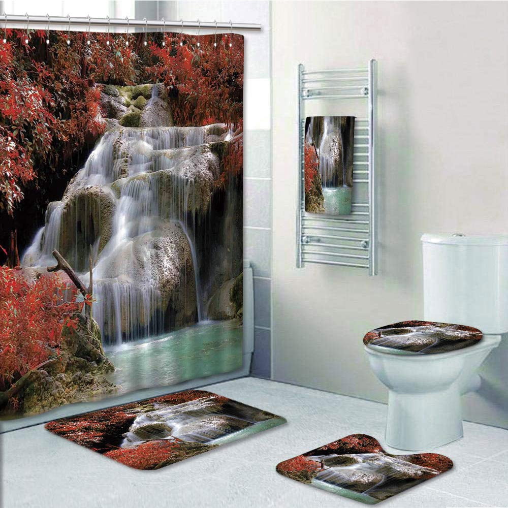 PRTAU Waterfalls Flow Through Giant Rocks Surrounded by Fall Trees Red ...