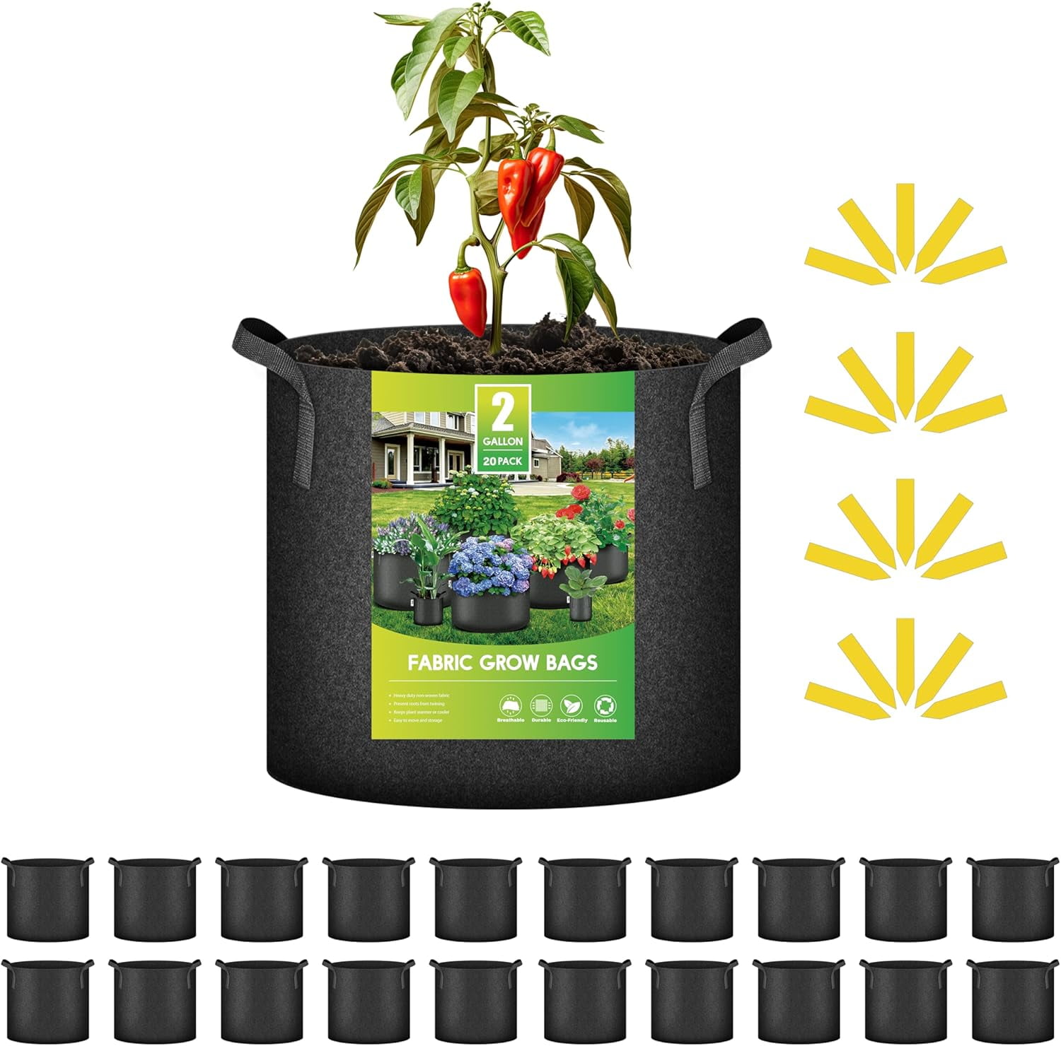 PRZL 20 Pack 2 Gallon Grow Bags 300G Thickened Sturdy Plant Fabric Pots ...