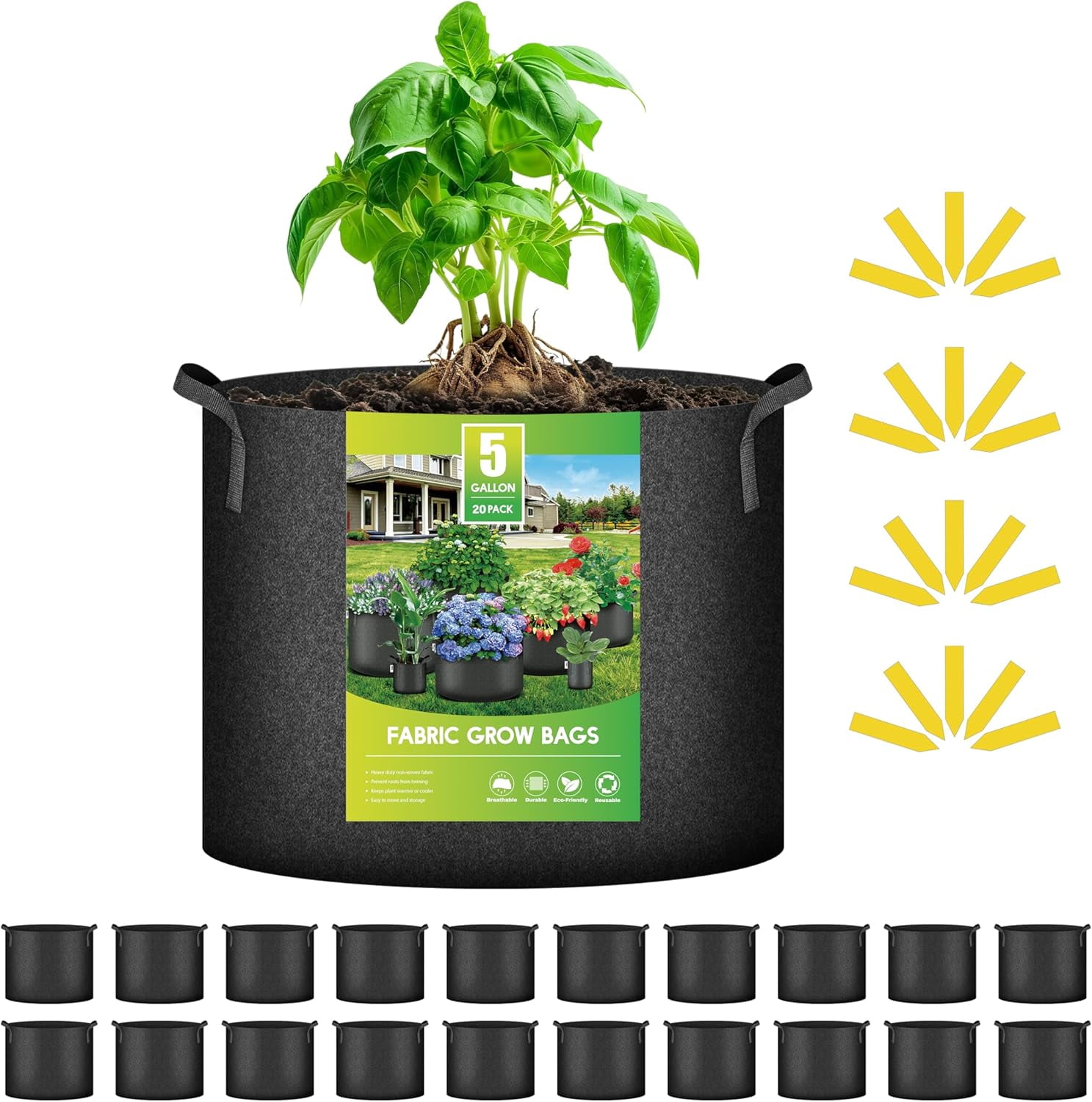PRZL 20 Pack 5 Gallon Grow Bags 300G Thickened Sturdy Plant Fabric Pots ...