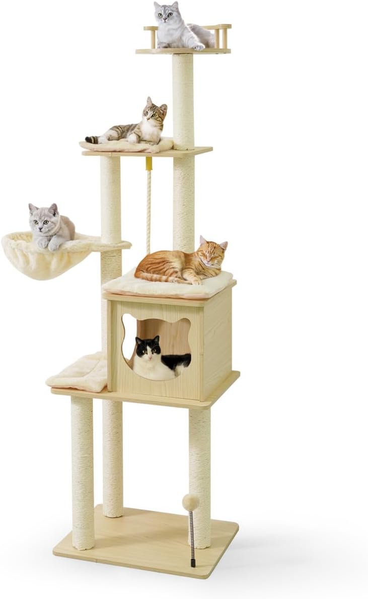 PRZL 64-Inch Multi-Level Cat Tree with Cat Cave Condo & Hammock, Tall ...