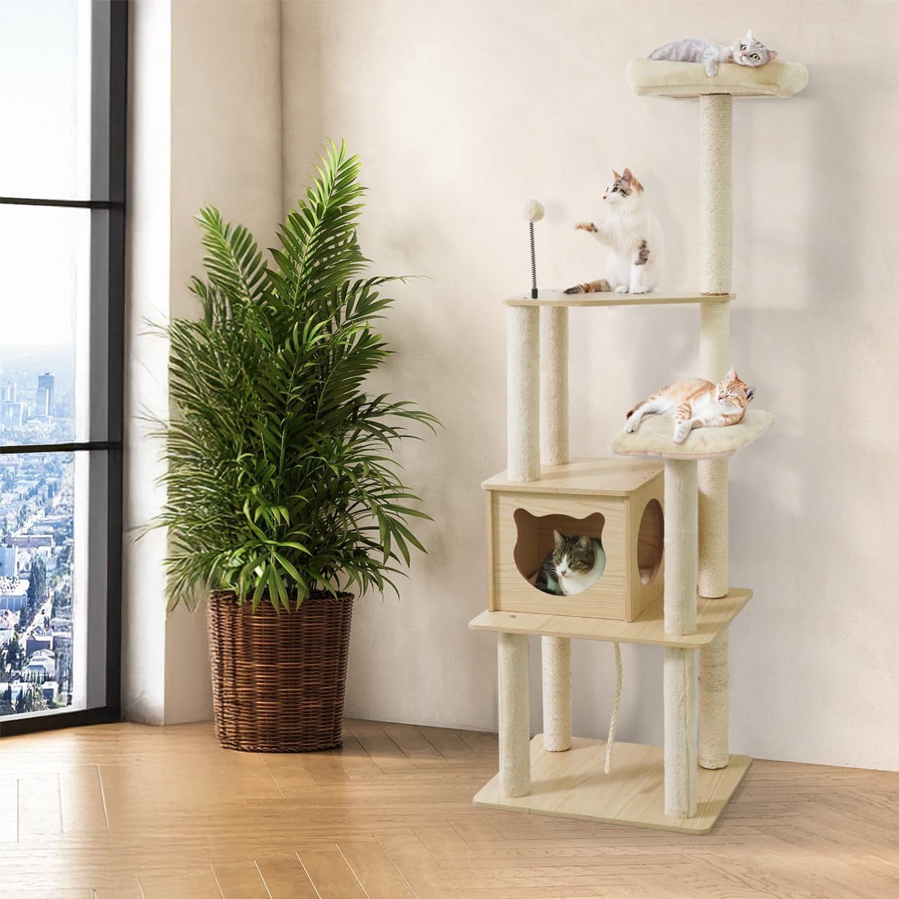 PRZL 65” Wooden Cat Tree Tower for Indoor Large Cats & Kittens, Modern ...