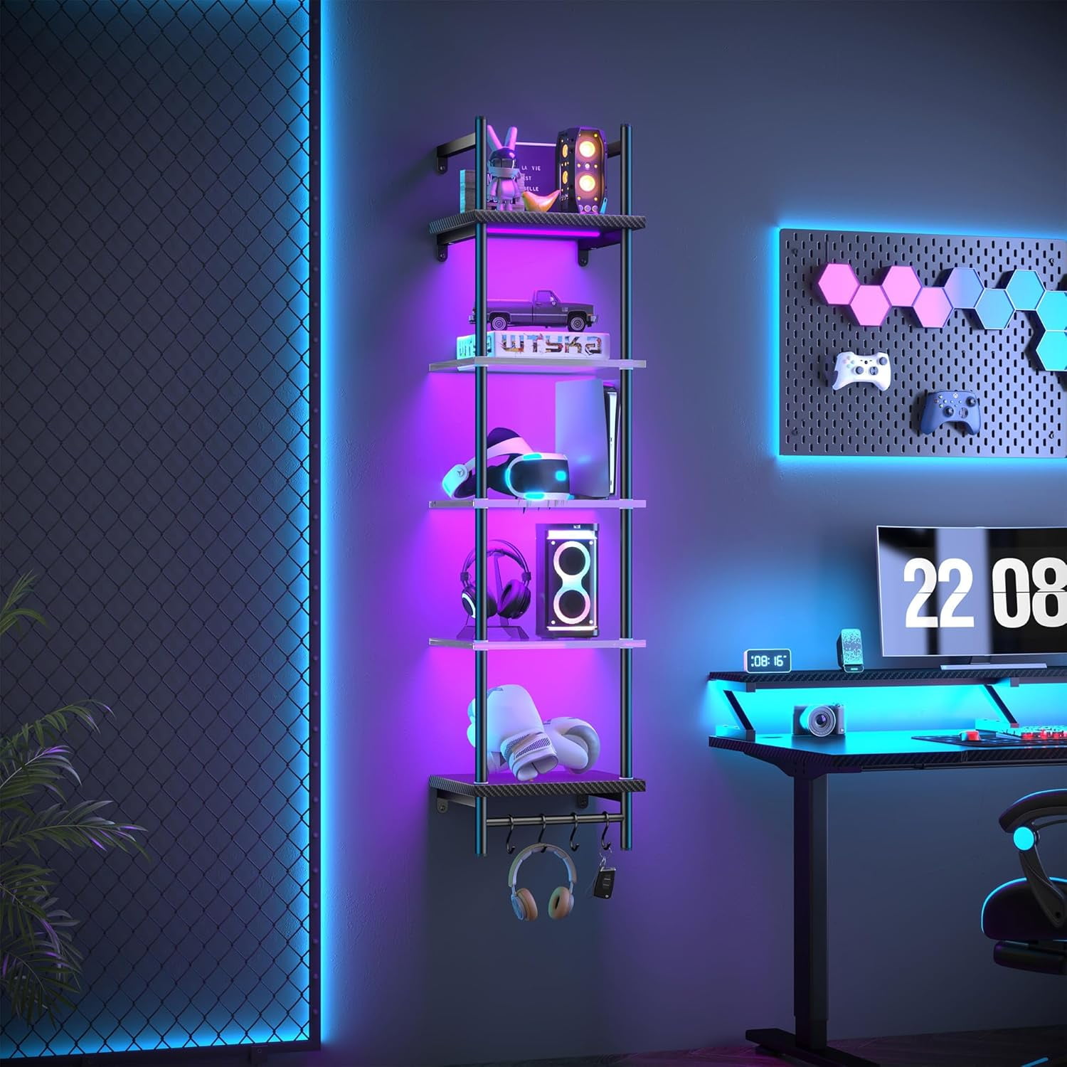 PRZL Gaming Floating Shelves with LED Light, 5 Tier Wall Mounted Shelf ...