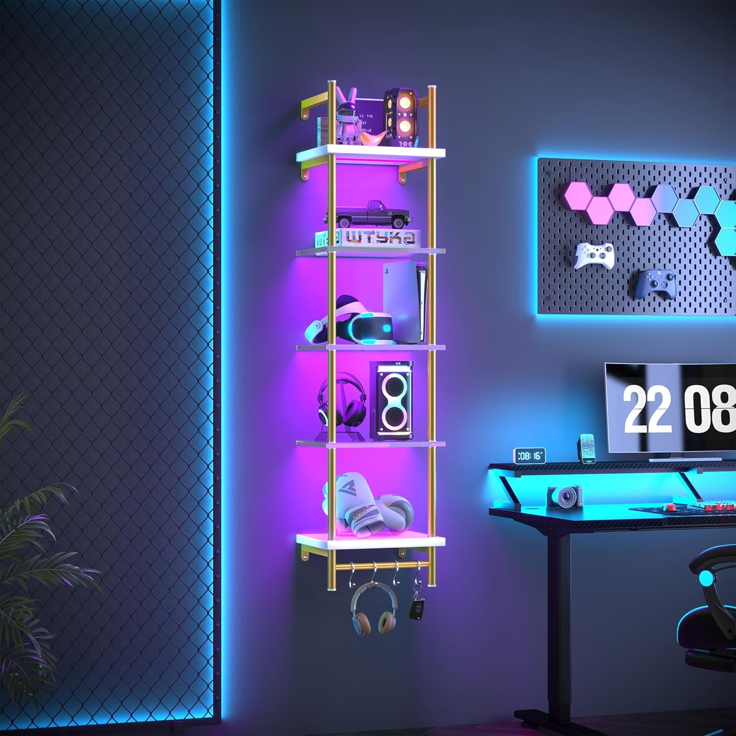 PRZL Gaming Floating Shelves with LED Light, 5 Tier Wall Mounted Shelf ...