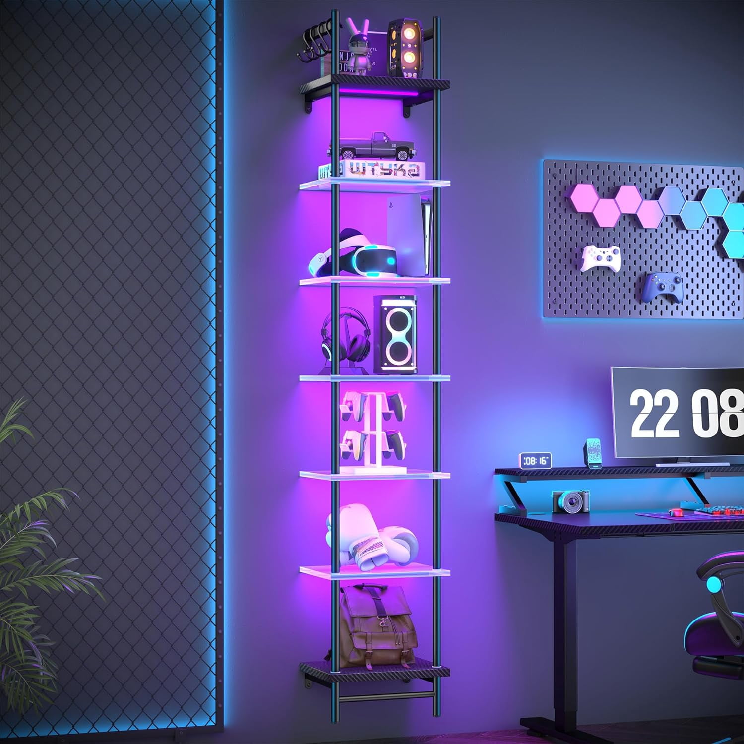 PRZL Gaming Floating Shelves with LED Light, 7 Tier Wall Mounted Shelf ...