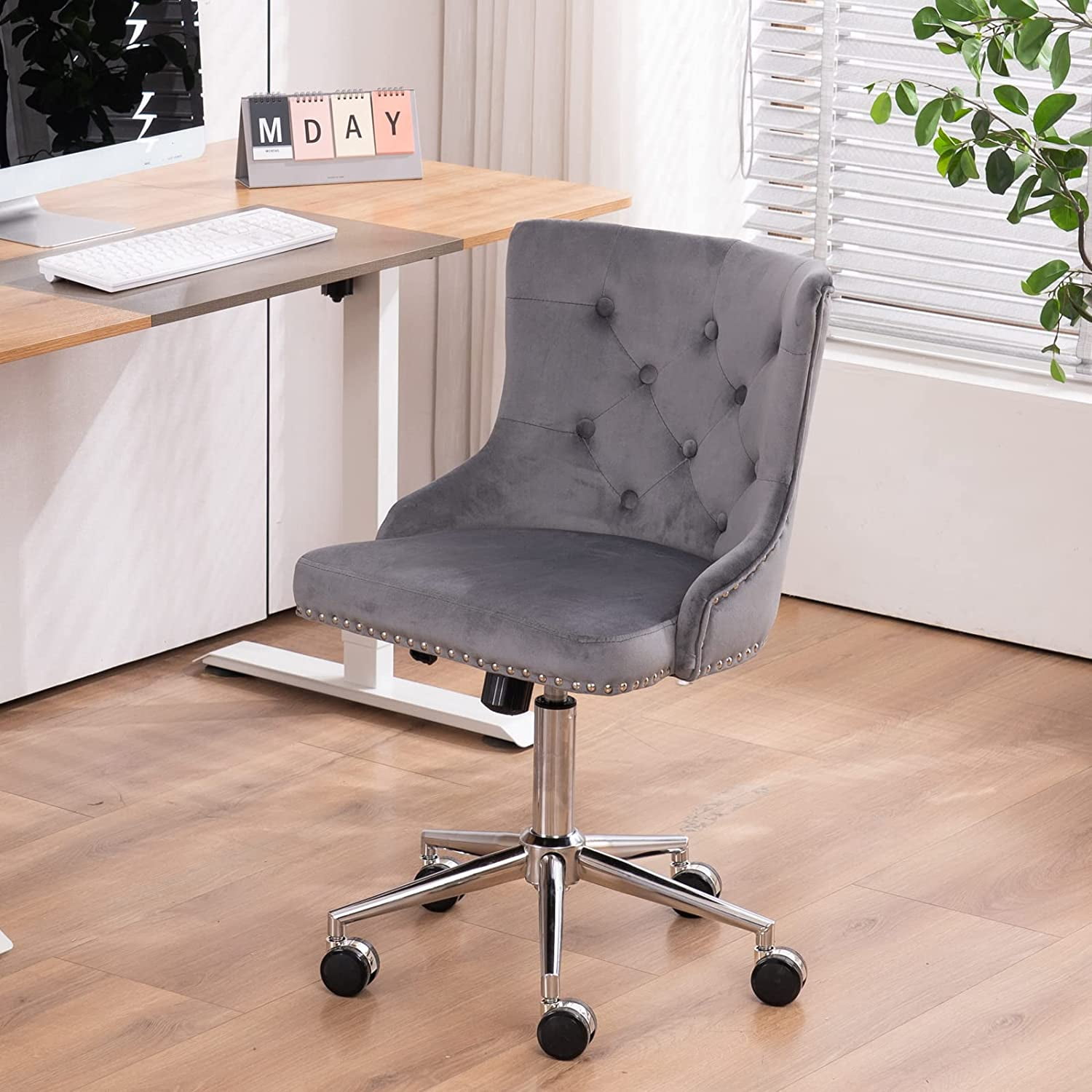 PRZL Grey Velvet Armless Home Office Desk Chair with Gold Base/Wheels ...