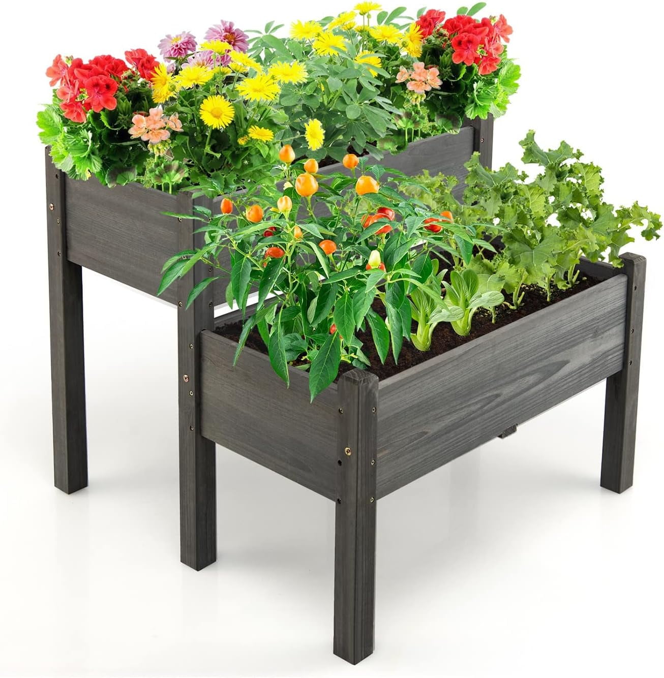 PRZL Raised Garden Bed Set of 2, Wood Elevated Planter Beds with 8 ...
