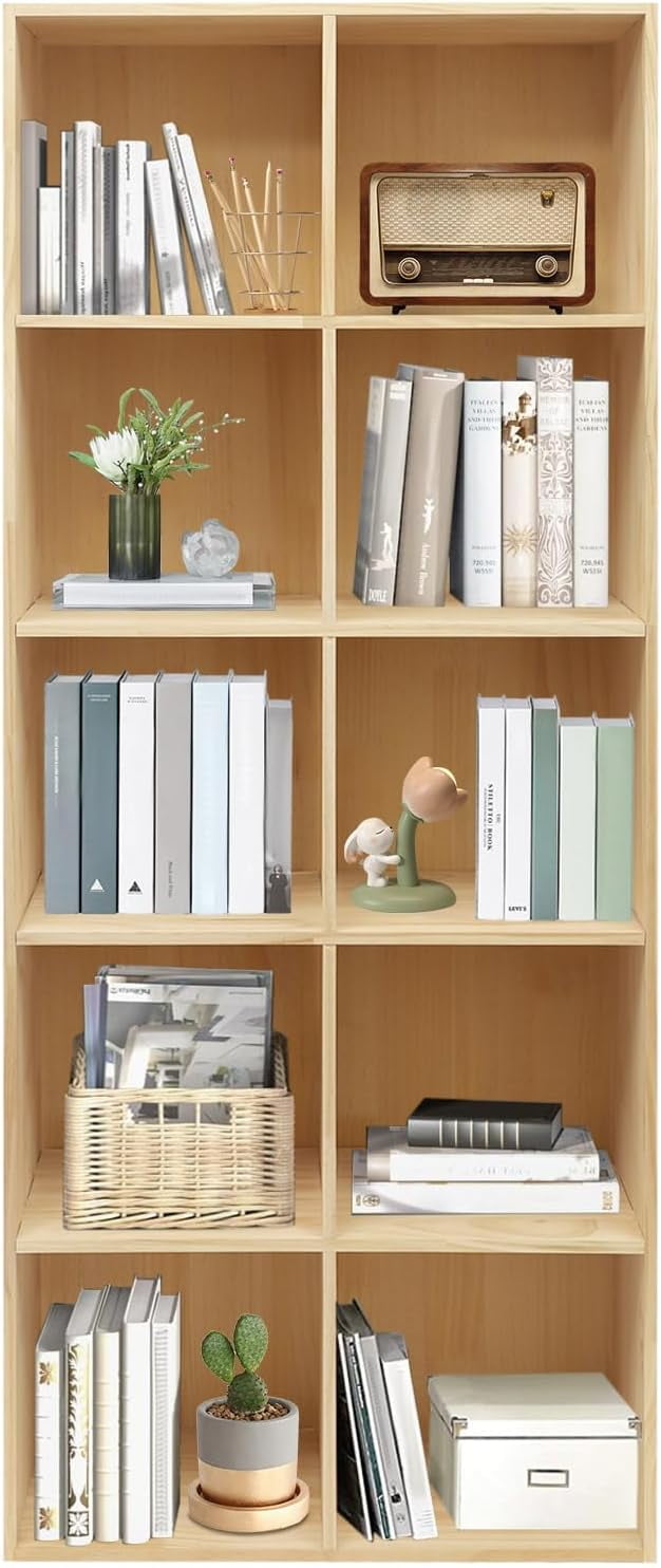 PRZL Solid Wood Open Shelf Bookcase, Floor-Mounted Display Storage with ...