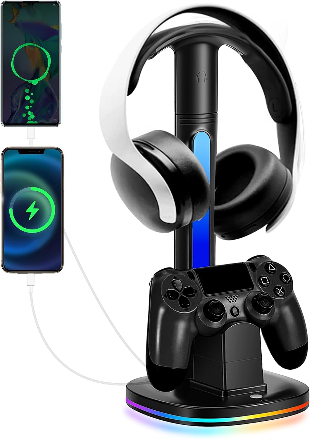 PS4 Controller Charger with RGB Headphone Stand, with 2 USB Charging ...