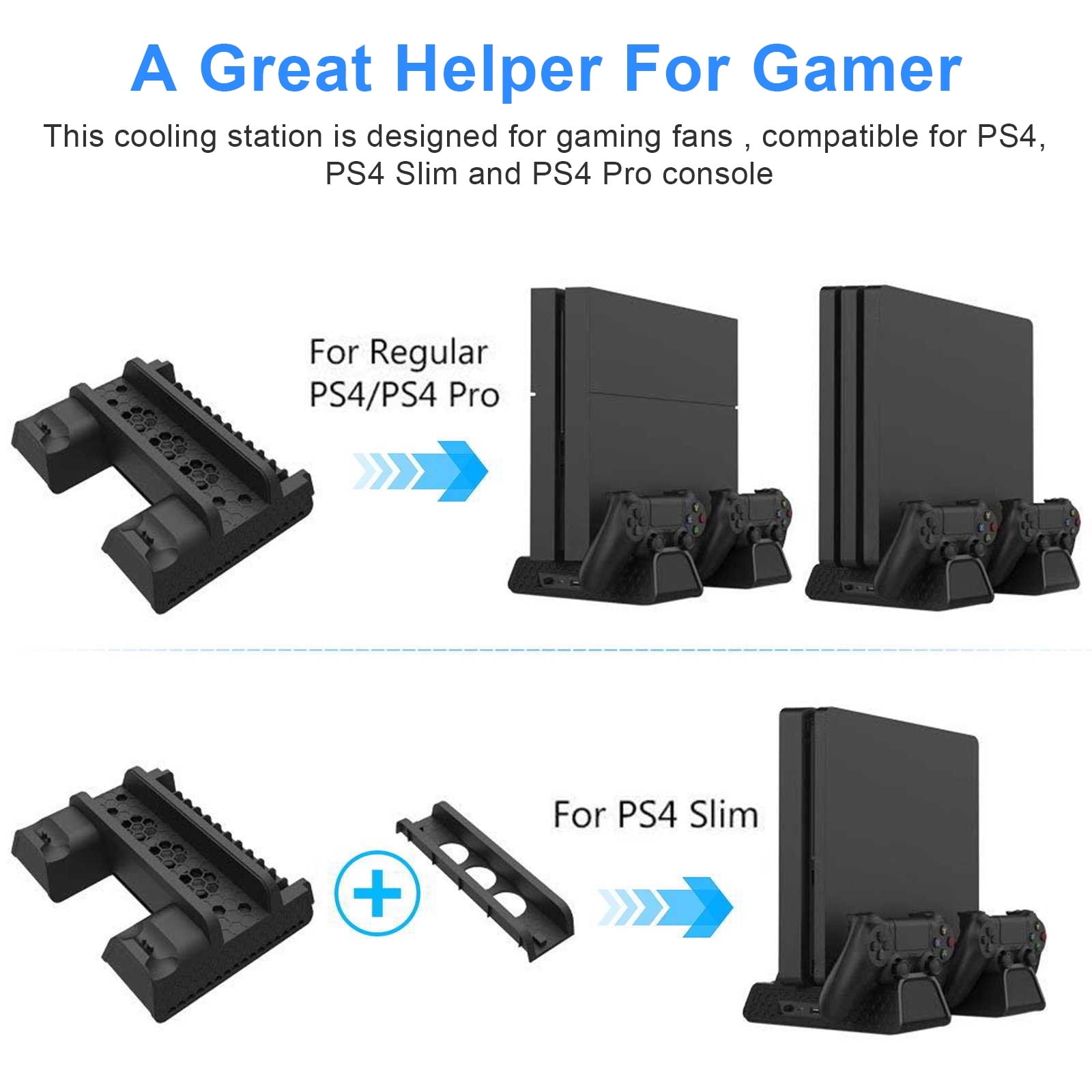 PS4 Slim Vertical Stand with 3 Cooling Fans, Dual Charging Station for ...