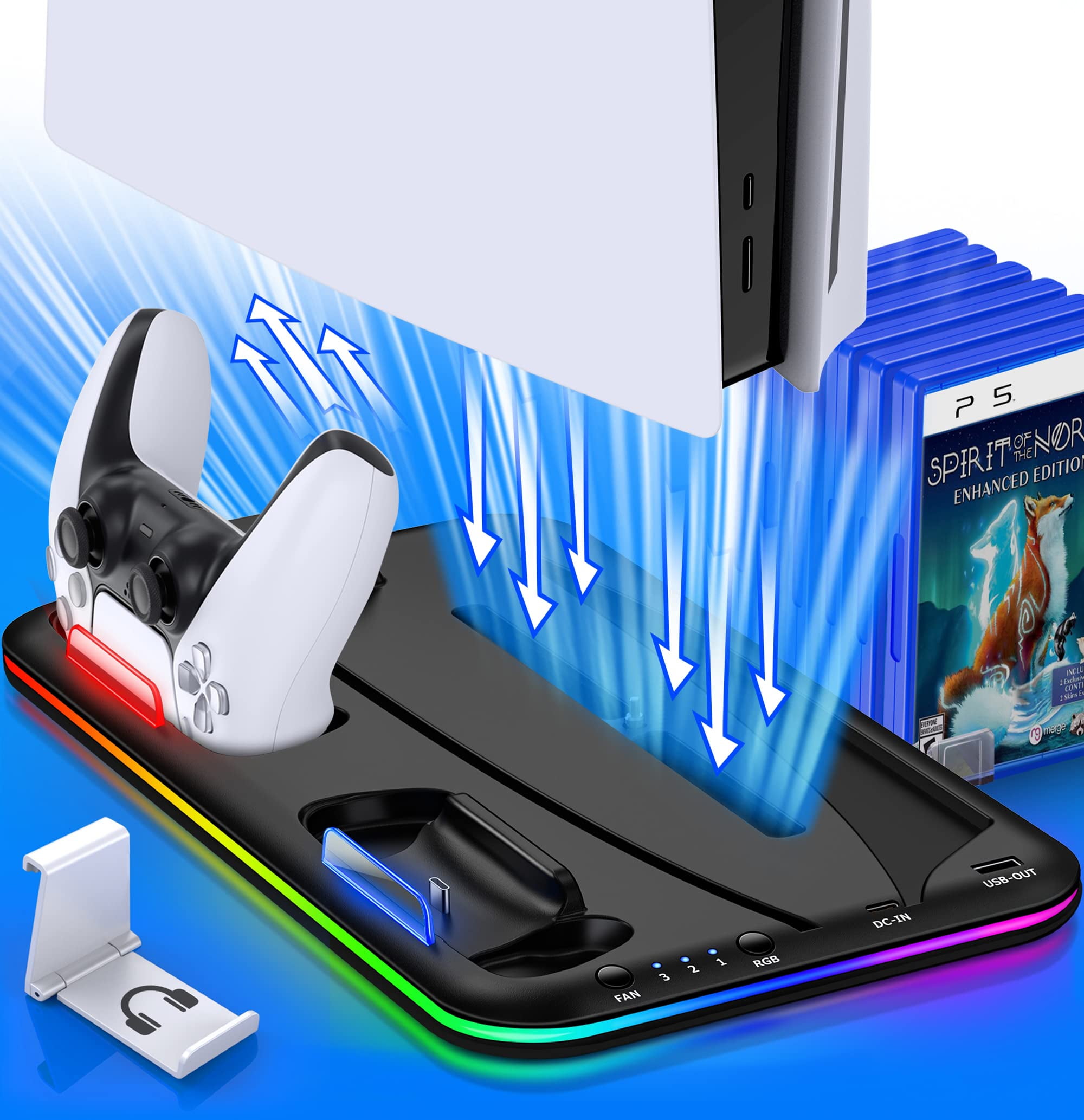PS5 Cooling Station with RGB Light, PS5 Stand with Cooling Fan for PS5 ...