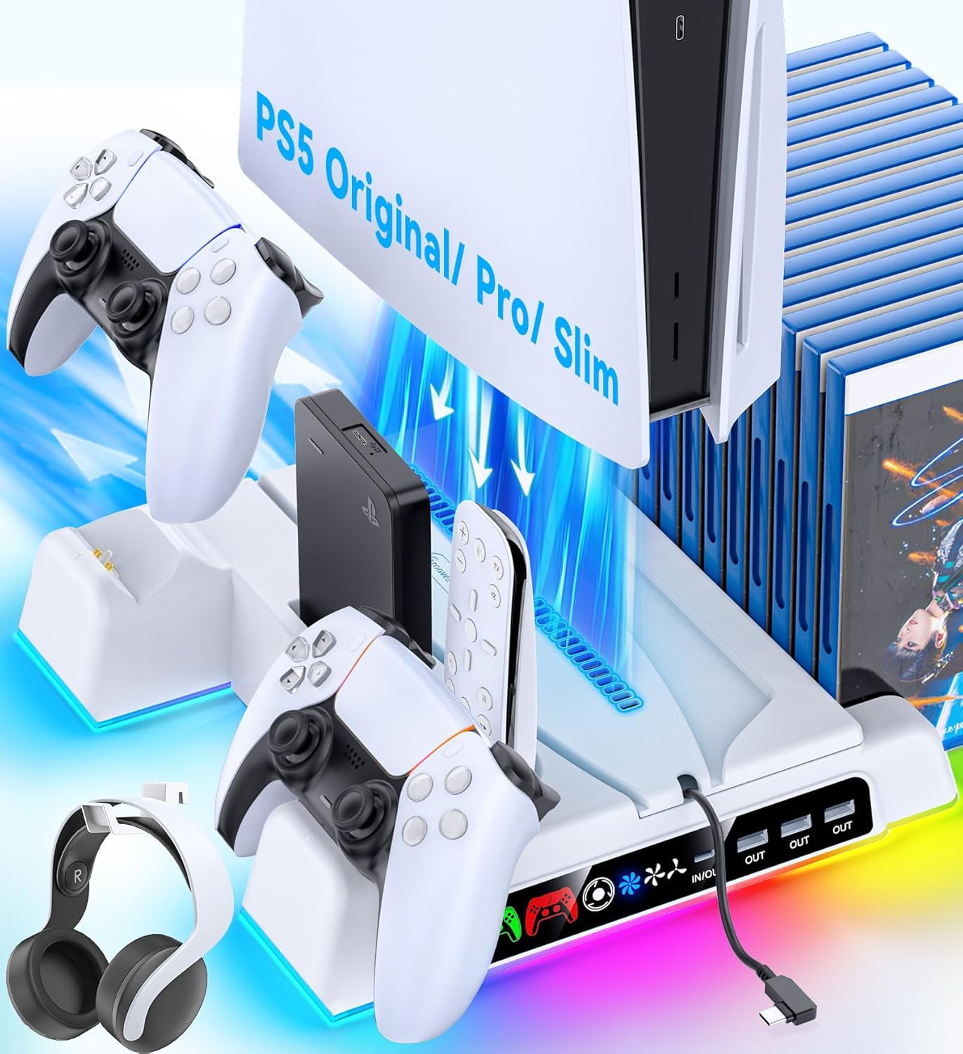 PS5/PS5 Slim/Pro Stand and Cooling Station with Controller Charging ...