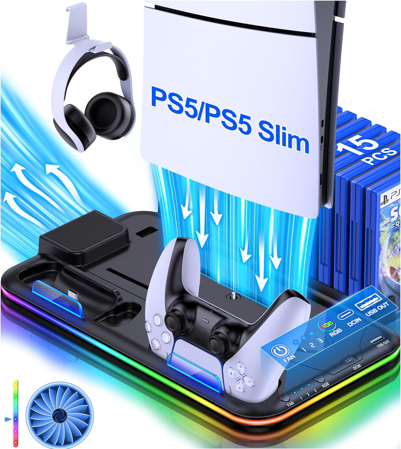 PS5 Slim Stand with Cooling Station and Controller Charging Station for ...