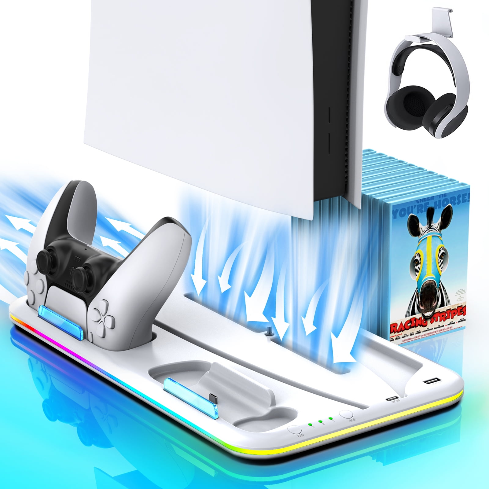 Playstation 5 (PS5) Stand with Turbo Cooling Fan, Dual Charging Station ...