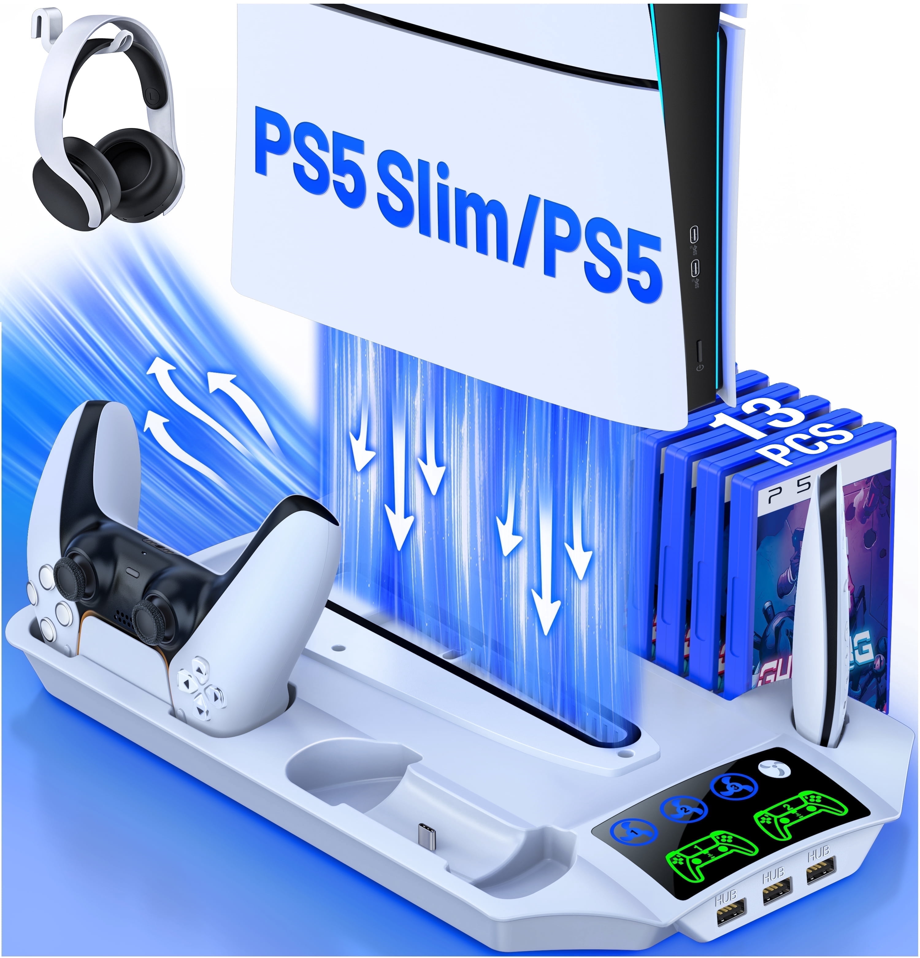 ESYWEN PS5 Stand with Cooling Fan, PS5 Slim Accessories, Charging ...