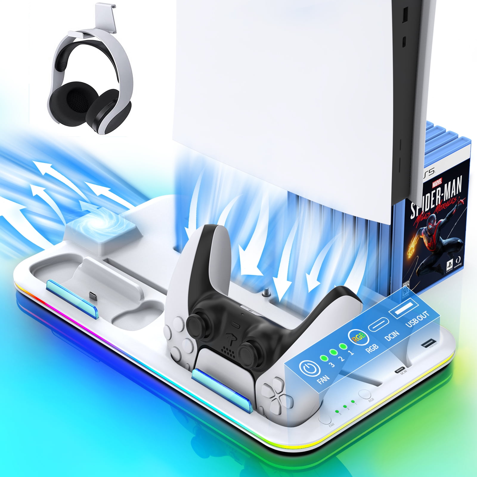 Playstation PS5 Stand with Cooling Fan, Dual Charging Station, RGB LED ...