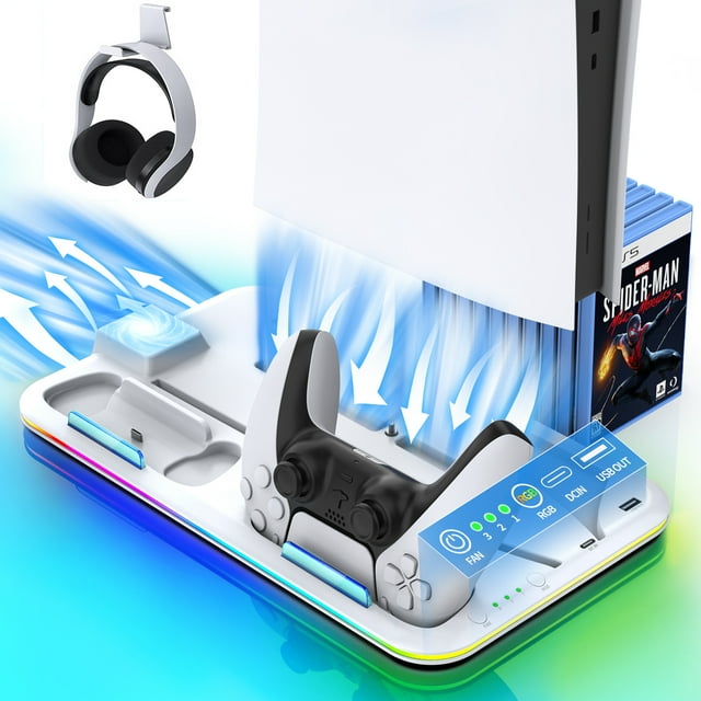 Playstation PS5 Stand with Cooling Fan, Dual Charging Station, RGB LED ...