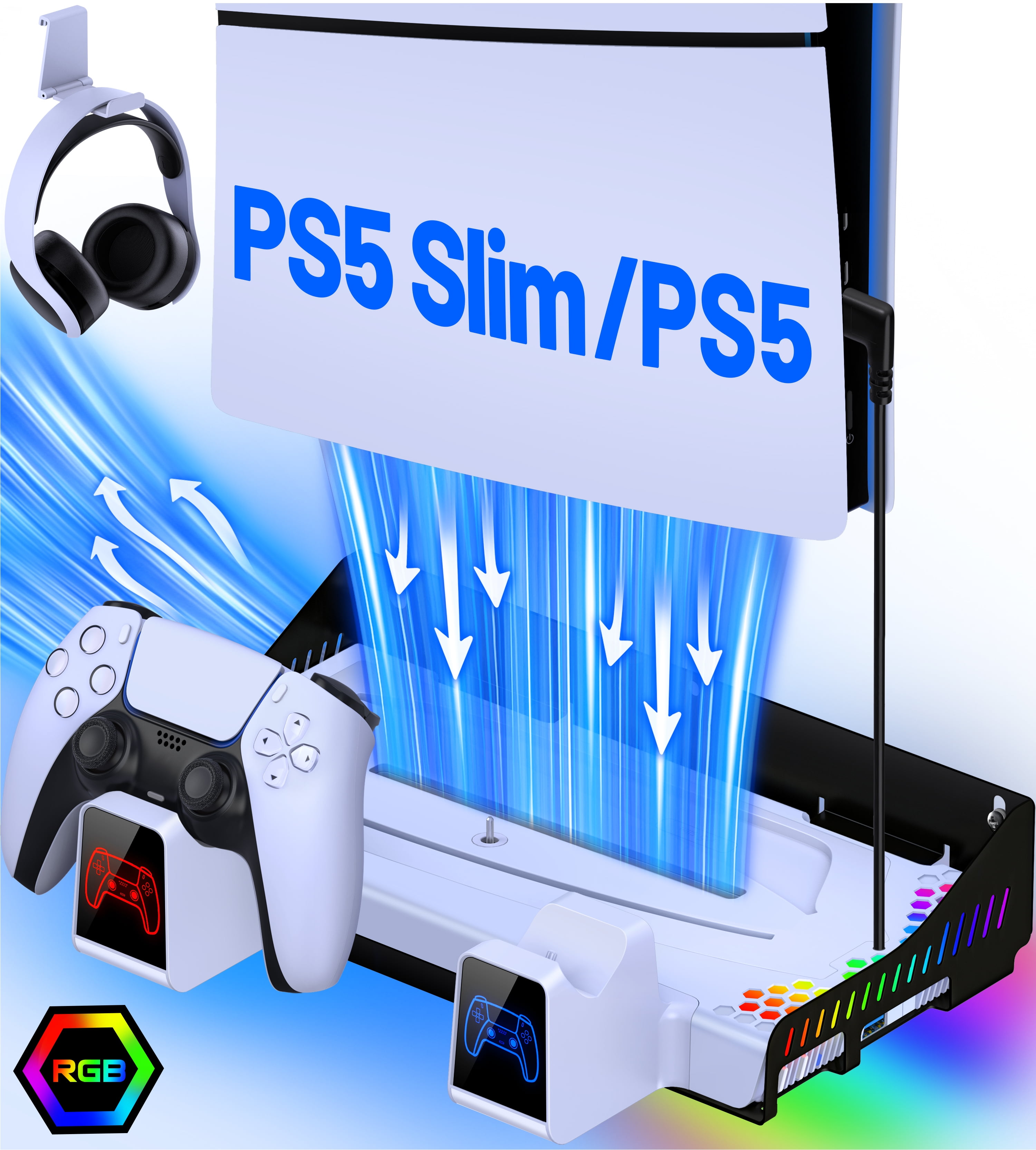 PS5 Stand and Cooling Fan Station with Dual Controller Charging Station ...