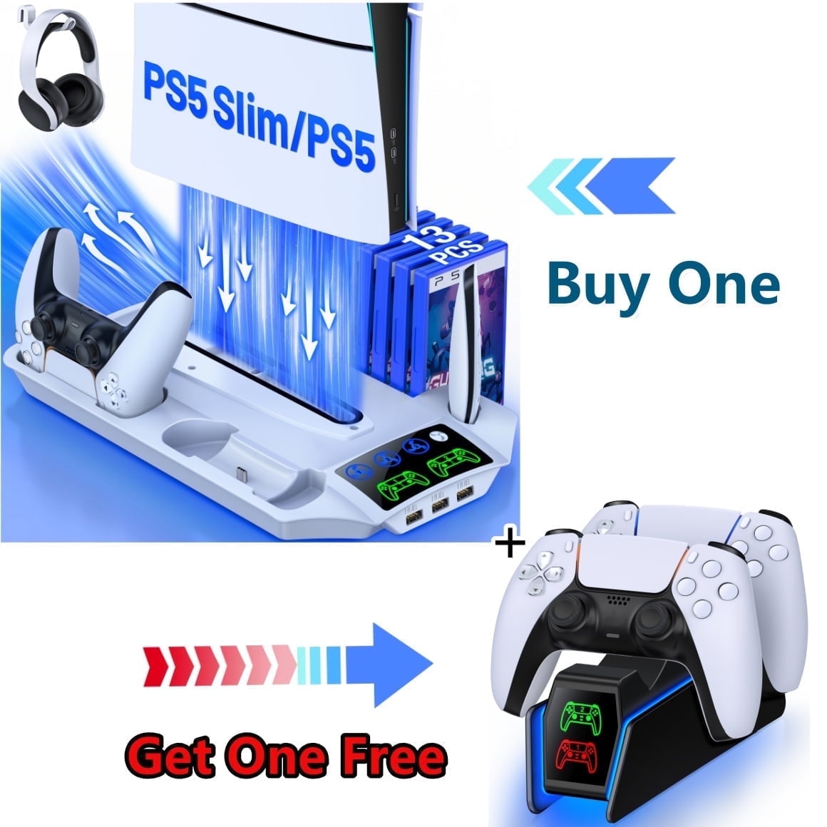 DinoFire PS5 Stand with Cooling Station, Dual Controller Charger, Game ...