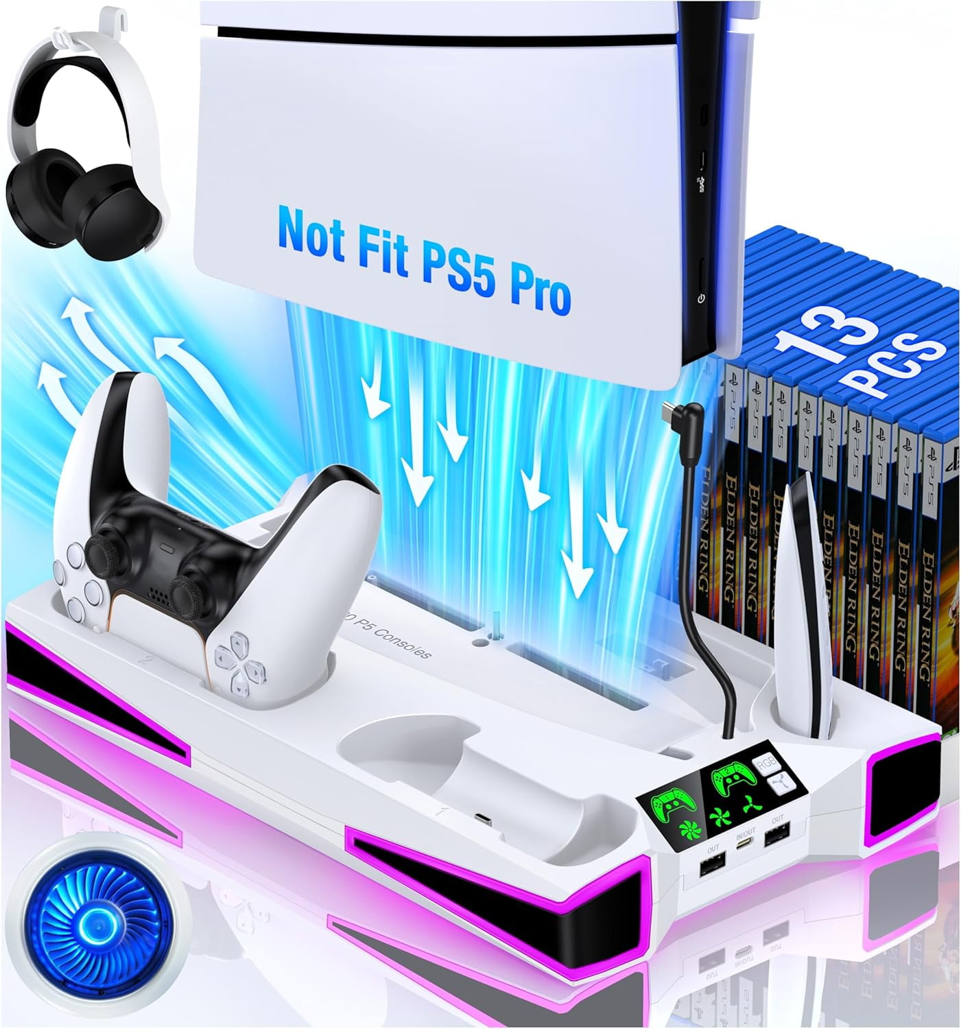 PS5 Stand Cooling Station for PS5/PS5 Slim Console, PS5 Accessories Vertical Stand with Ultra ...