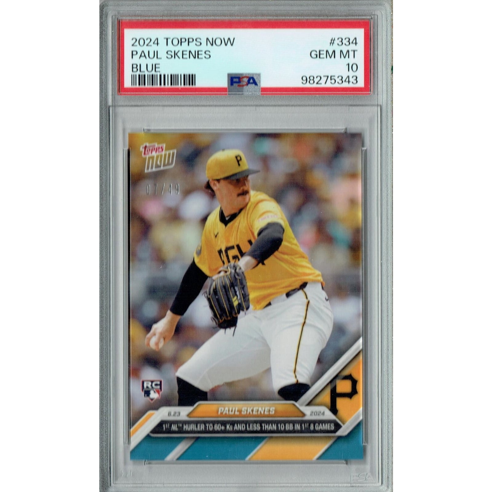 PSA 10 Paul Skenes 2024 Topps Now #334 Blue SP #7/49 Rookie Card - Walmart.com