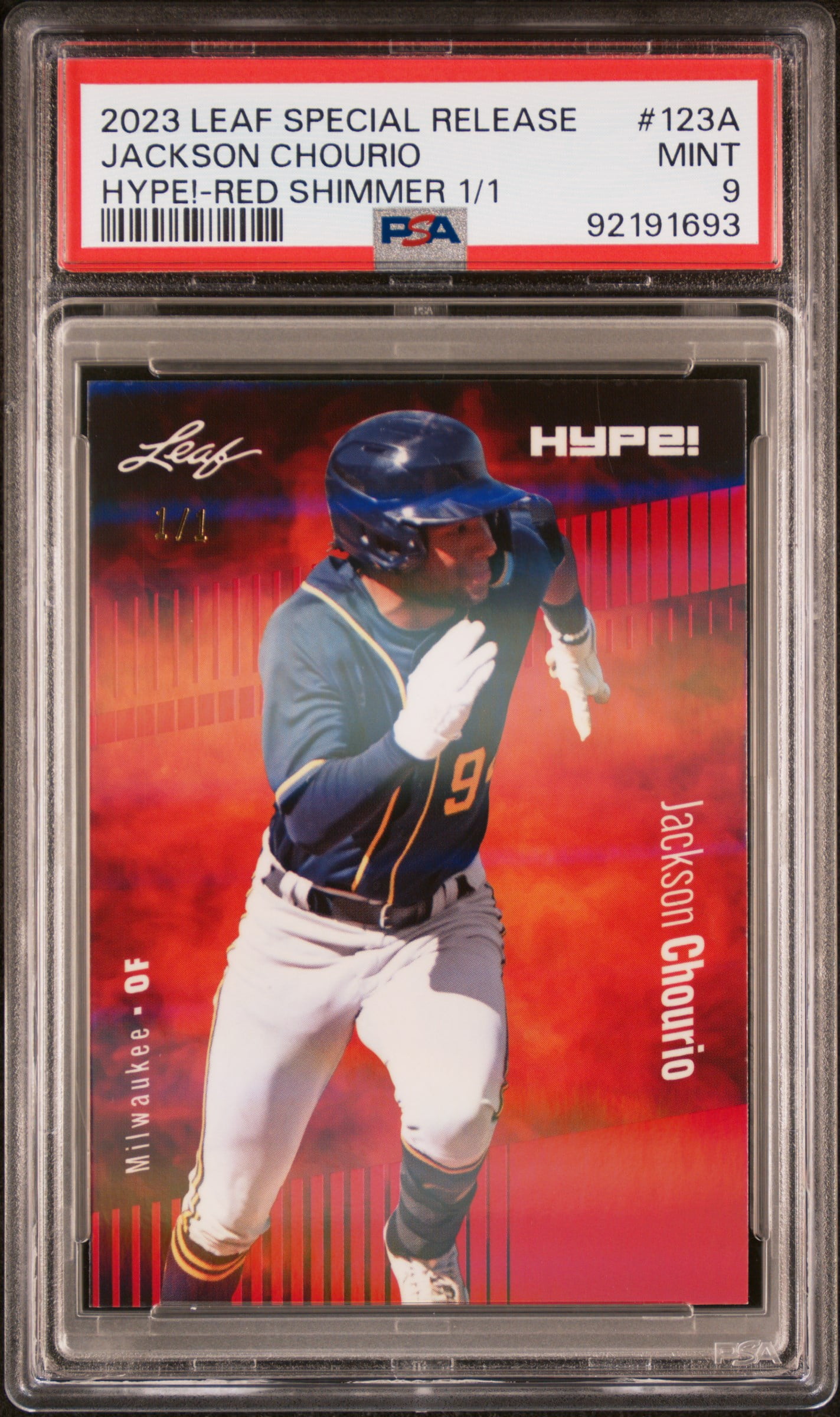 PSA 9 Jackson Chourio 2023 Leaf Hype! #123A Red Shimmer 1/1 Rookie Card ...