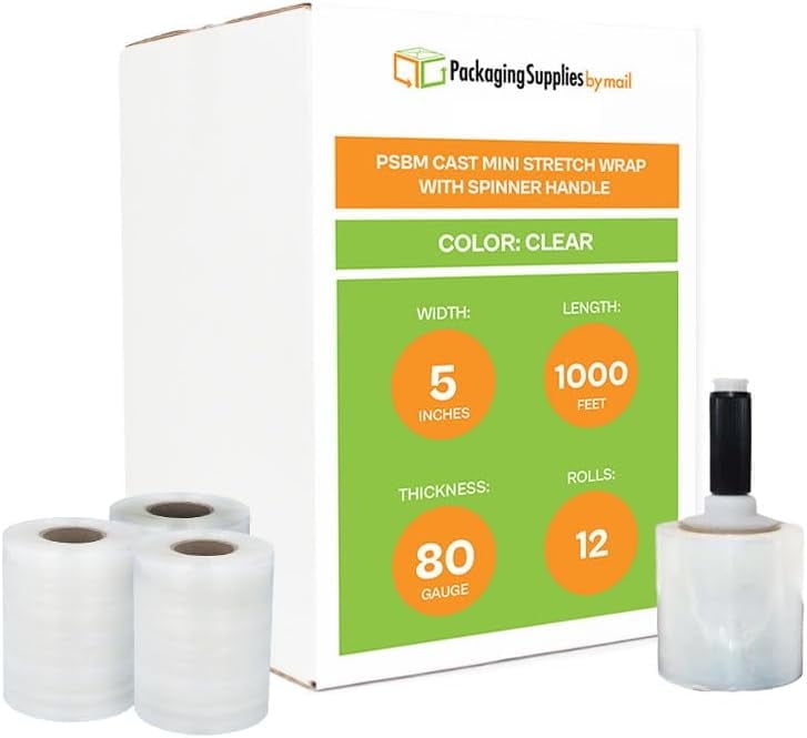 PSBM Cast Mini Hand Stretch Wrap 5" x 1500' 12 Rolls 80 Gauge Clear ...