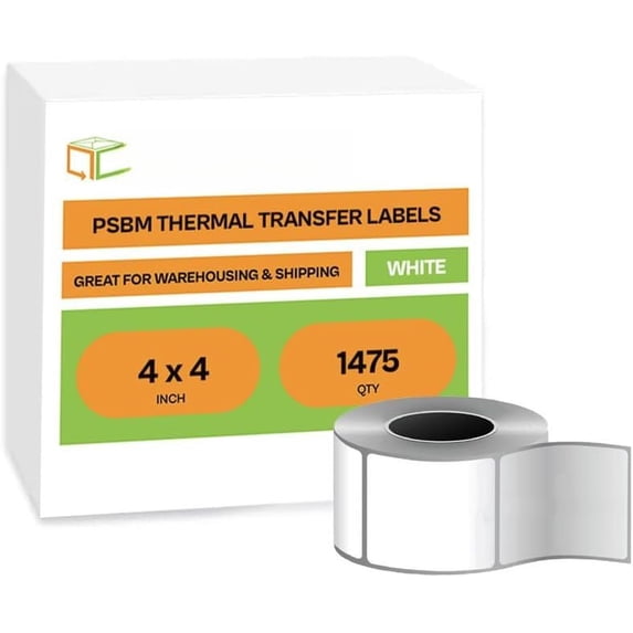 PSBM 4 Rolls 4 x 4 Inch Thermal Transfer Label Stickers, 3 Inch Core ...