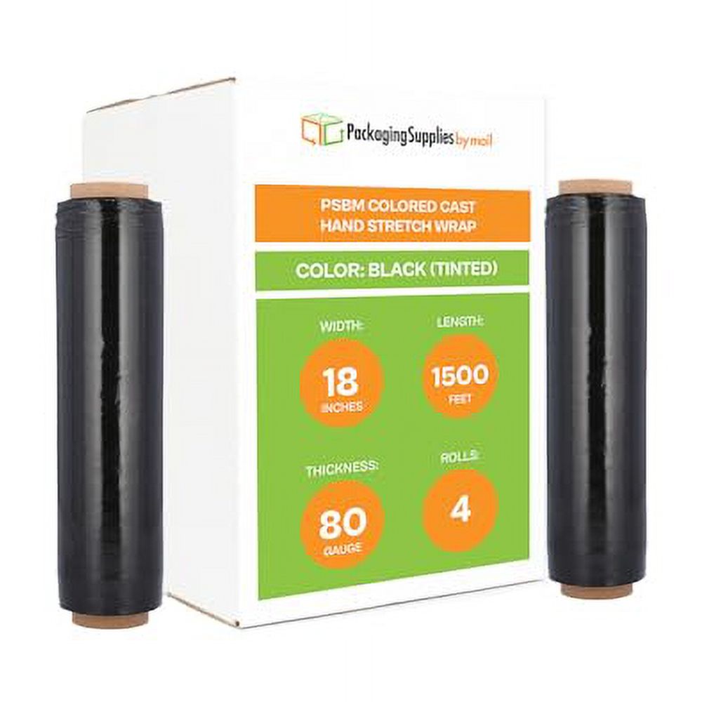 PSBM Black Stretch Wrap, 4 Pack, 18 Inch x 1500 Feet, 80 Gauge, Tinted/Transparent Hand Stretch ...